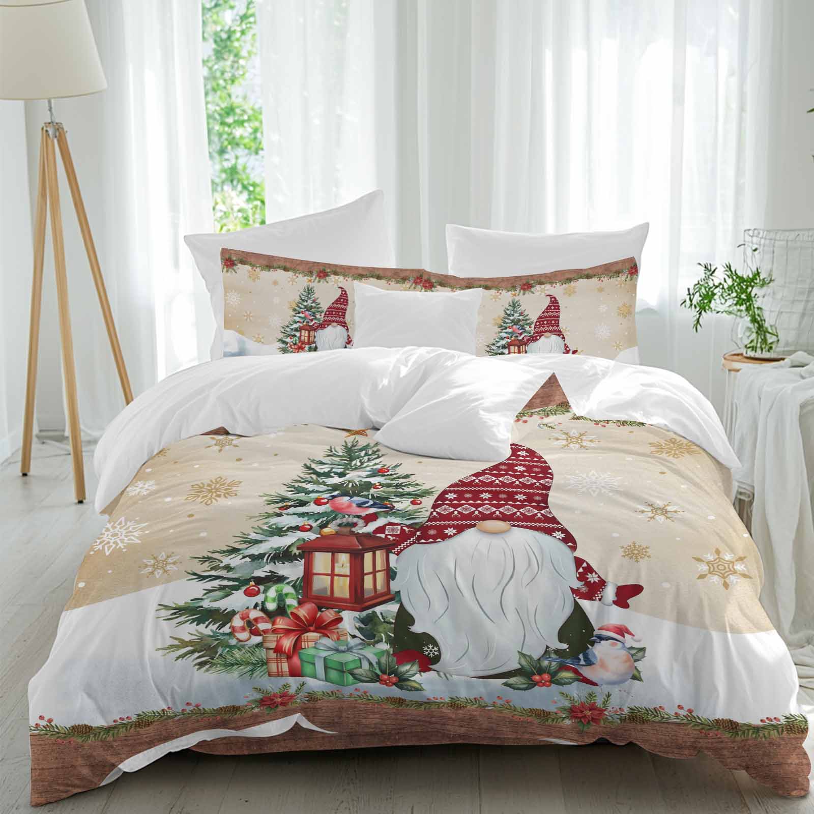 Christmas Duvet Cover Set Full Size, Xmas Dwarfs Pine Tree Snowflakes ...