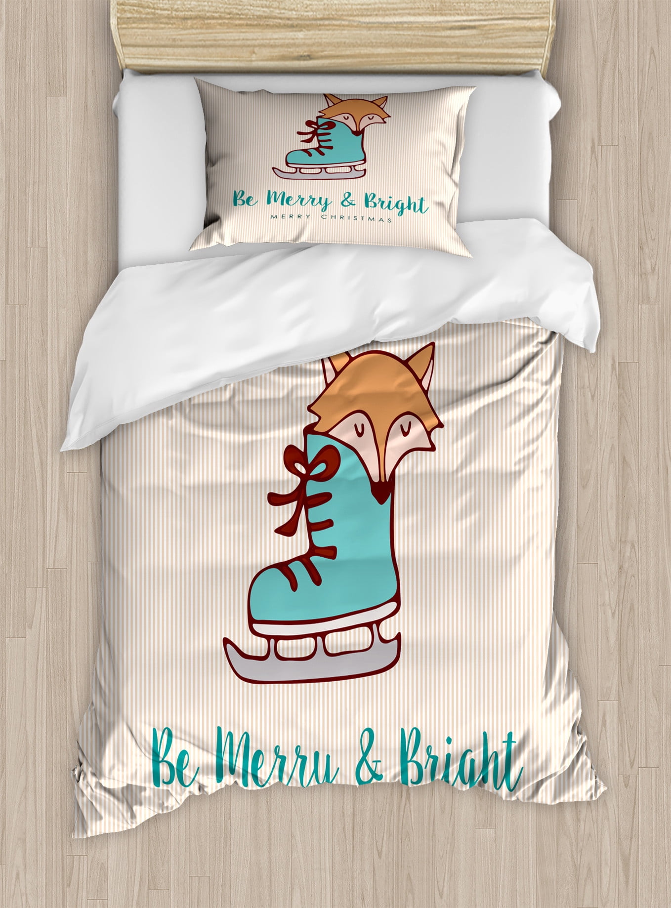 Christmas Duvet Cover Set, Merry Calligraphy with Little Fox in Ice ...