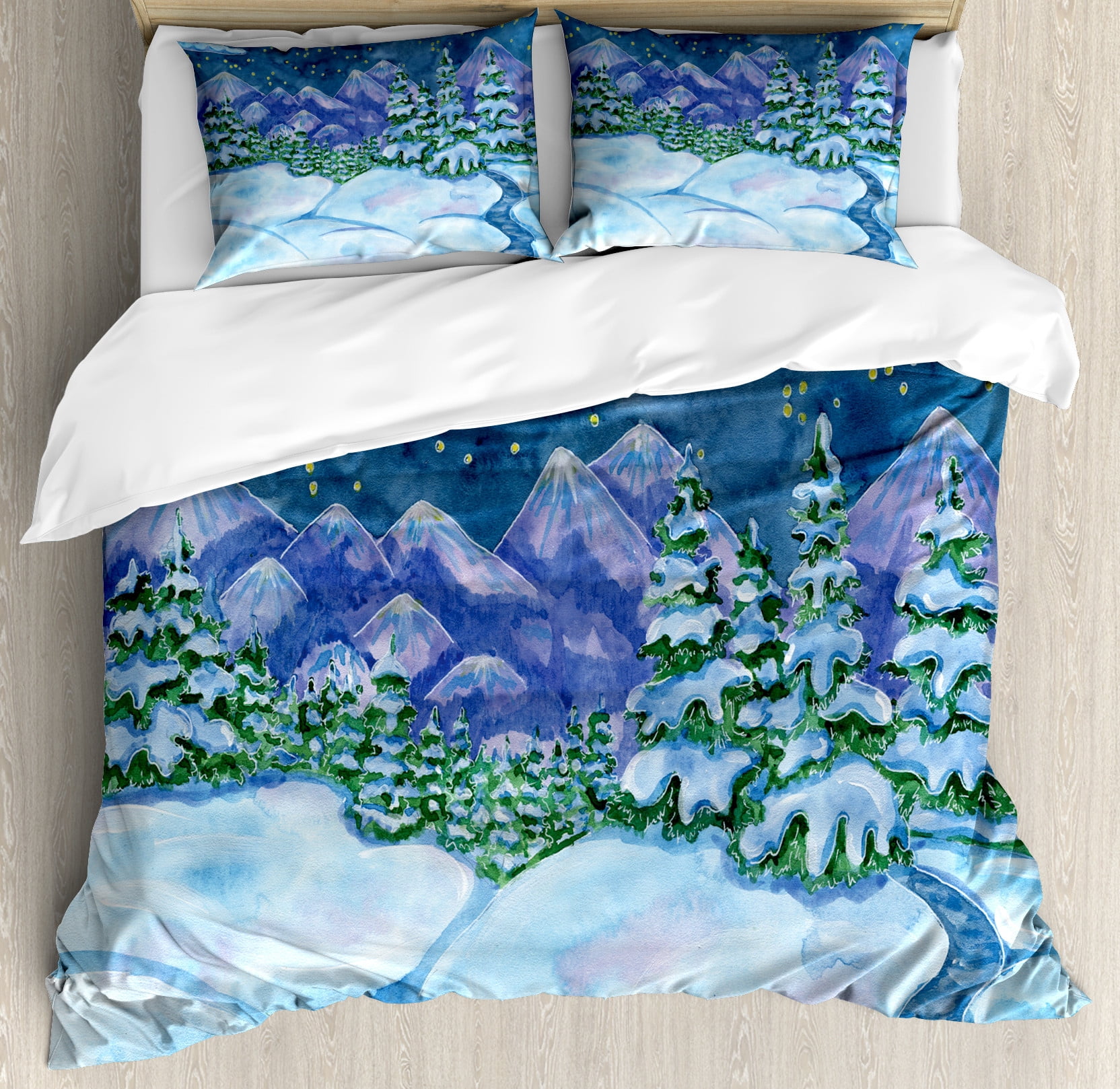 Christmas Duvet Cover Set, Print of Winter Scenery Snow on Pine Trees ...