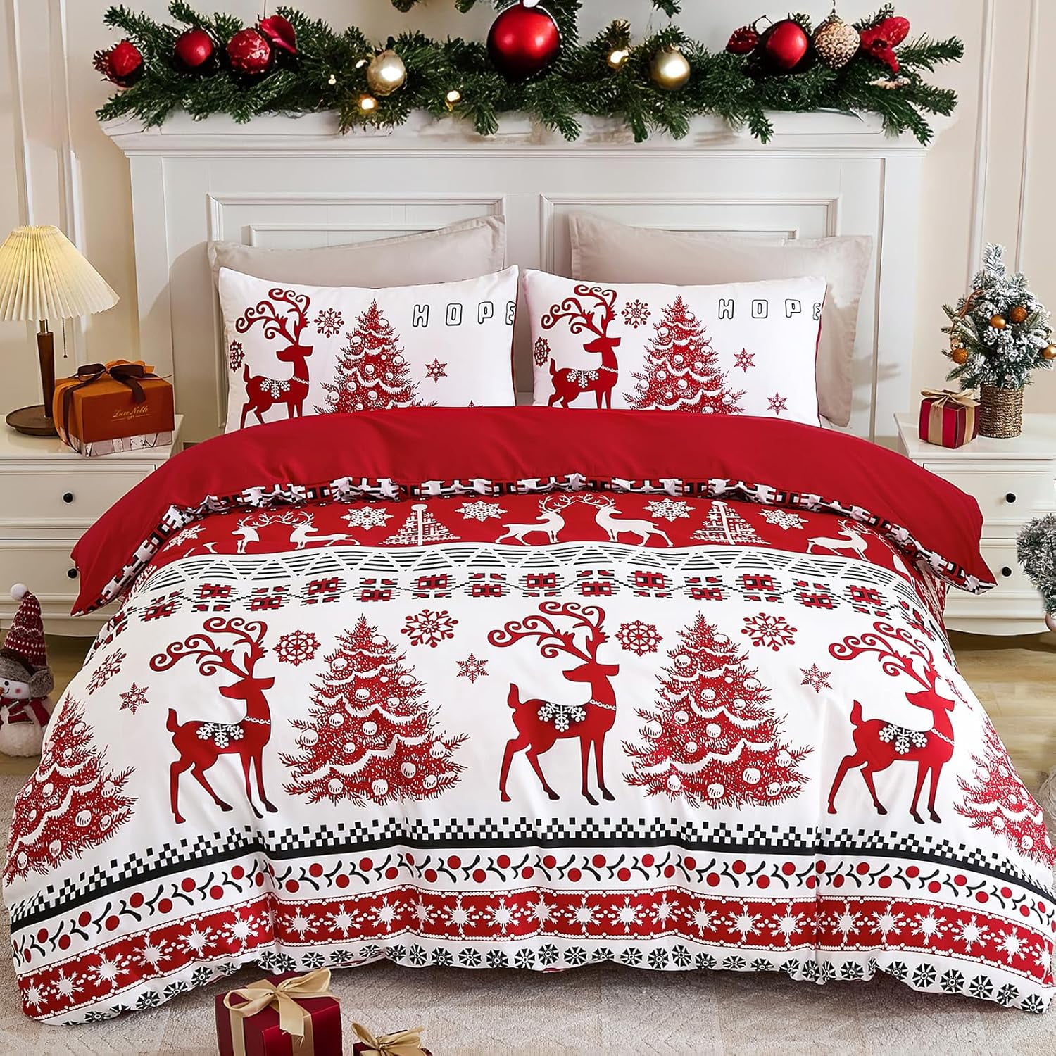 Christmas Duvet Cover Set Queen 3 Pieces Red Deer Tree Snowflake ...
