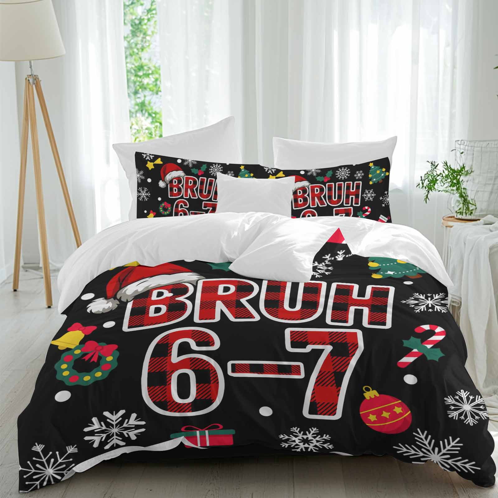 Christmas Duvet Cover Set Queen Size, Cartoon Red Plaid Bruh 6-7 Xmas Socks Bell Snowflake Gift ...