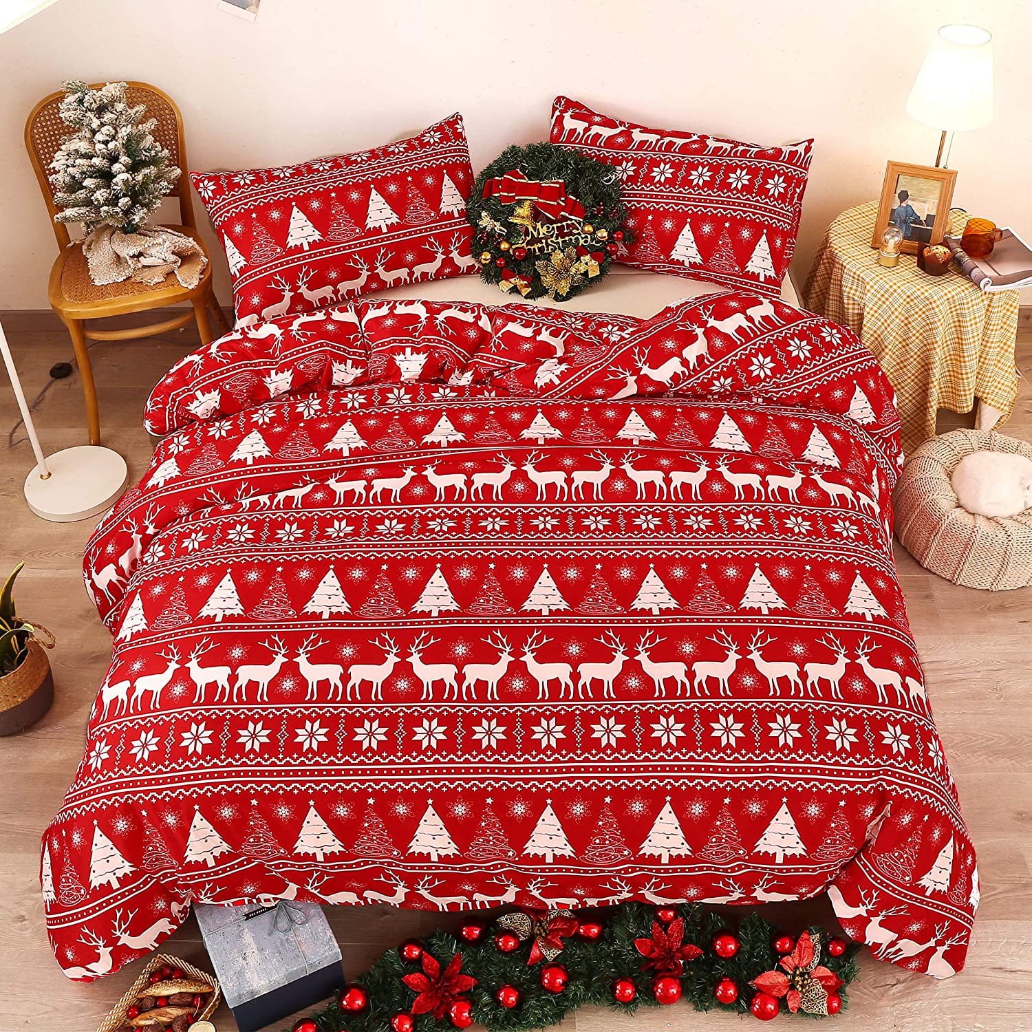 Christmas Duvet Cover Set Queen Size Red Soft-Christmas Trees/Elk ...