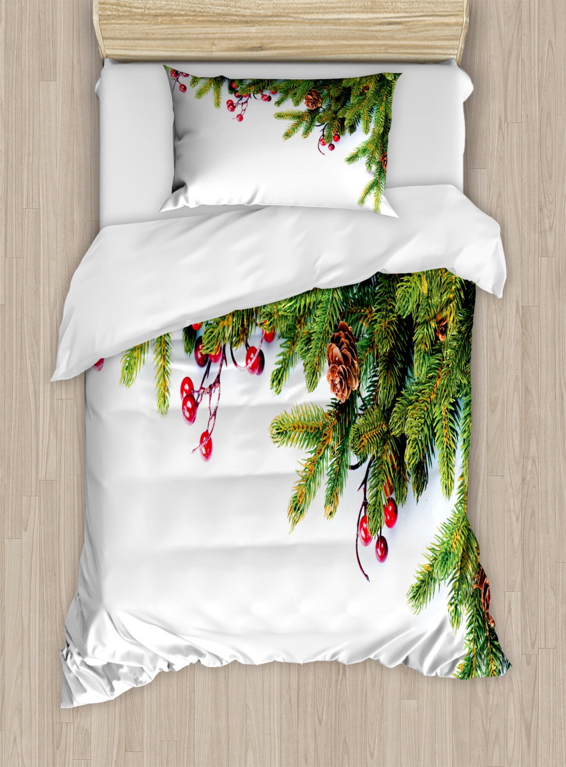 Christmas Duvet Cover Set Twin Size, Evergreen Fir Tree Branches with ...