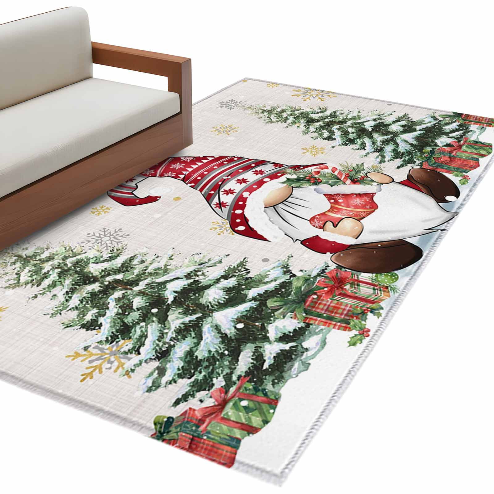 Christmas Dwarf Area Rug 3x5ft Winter Christmas Tree Snowflakes Linen ...