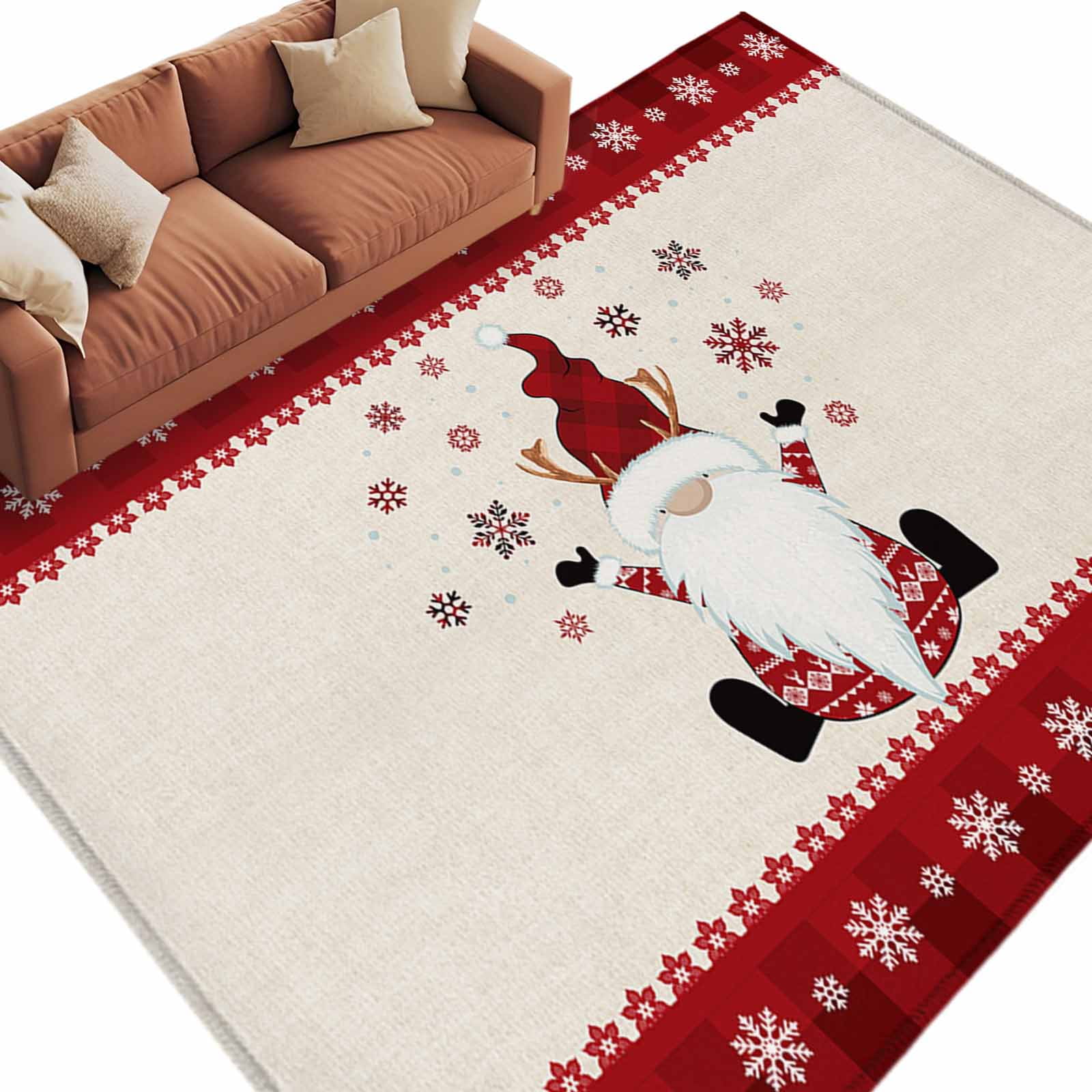Christmas Dwarf Area Rug 5x7ft Snowflake Red Plaid Non-Slip Washable ...