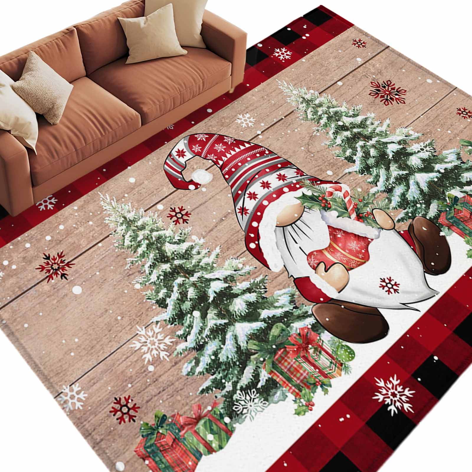 Christmas Dwarf Area Rug 5x8ft Winter Xmas Tree Snowflakes Plaid Board ...