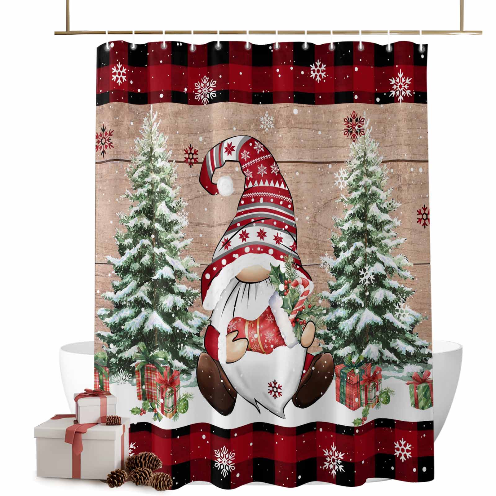 Christmas Dwarf Bathroom Shower Curtain Winter Xmas Tree Snowflakes ...