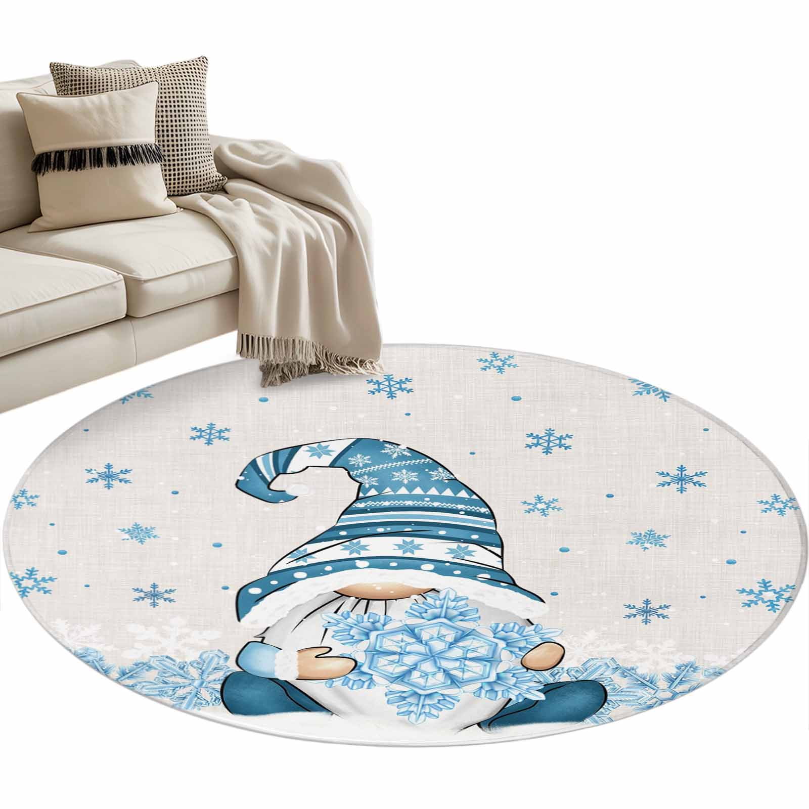 Christmas Dwarf Round Area Rug 4ft Blue Snowflake Non-Slip Washable ...
