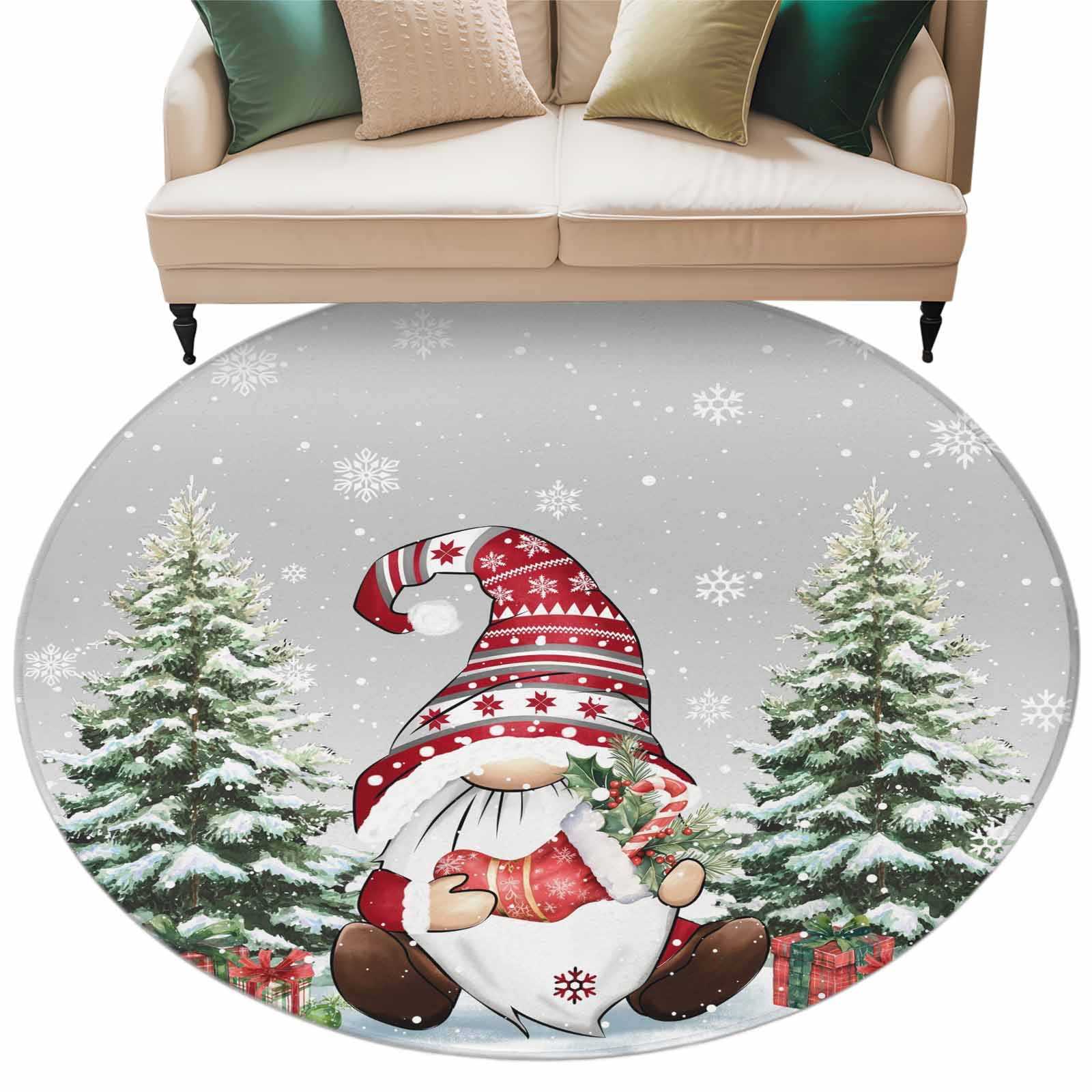 Christmas Dwarf Round Area Rug 5ft Winter Christmas Tree Snowflakes ...