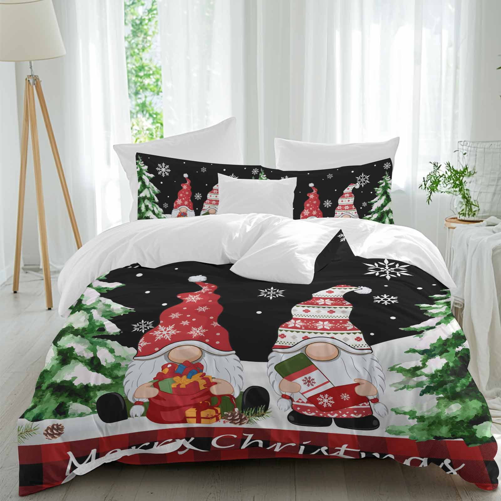 Christmas Dwarfs Duvet Cover Set Full Size, Xmas Gnome Pine Tree Snow ...