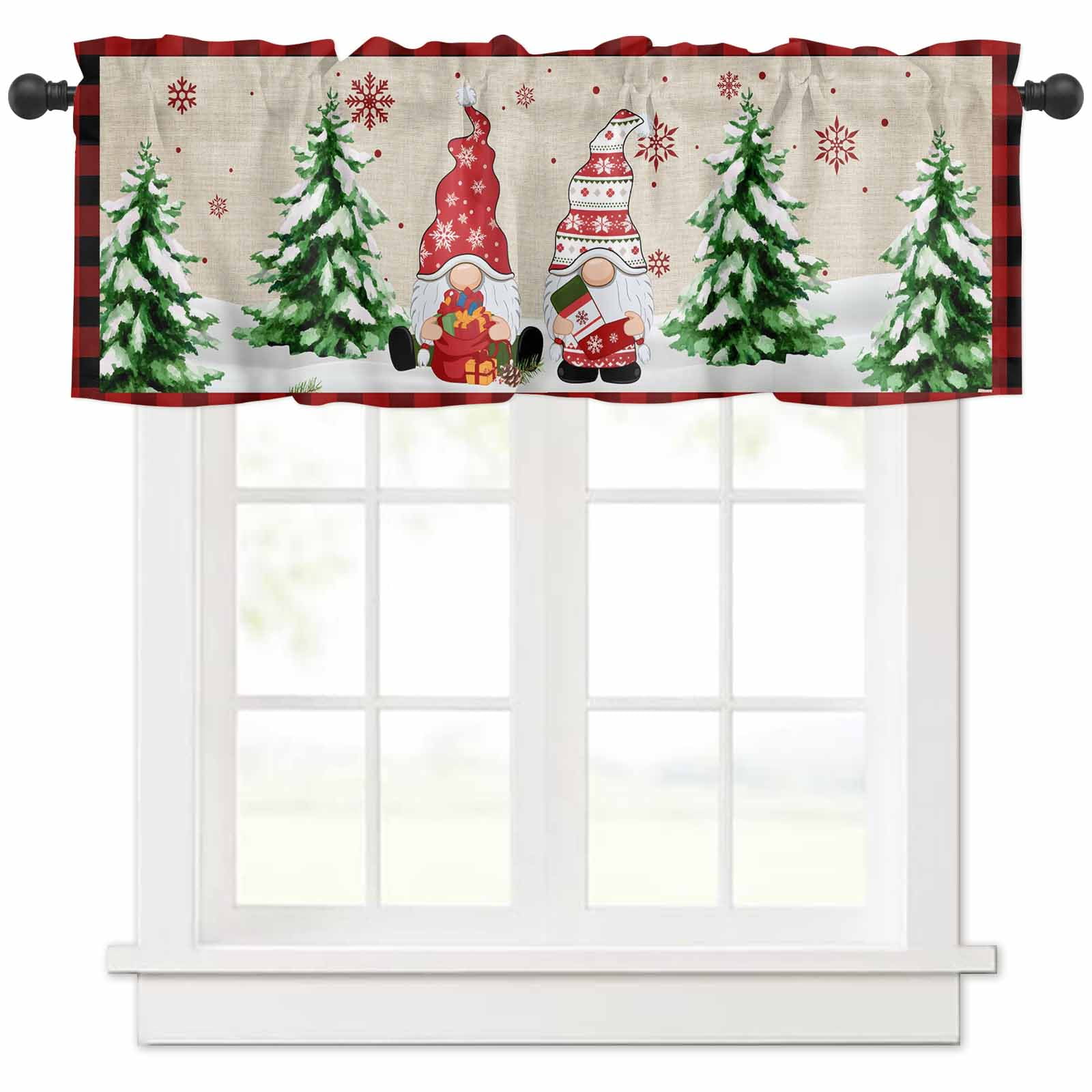 Christmas Dwarfs Valances for Windows, Xmas Gnome Pine Tree Snow Linen ...