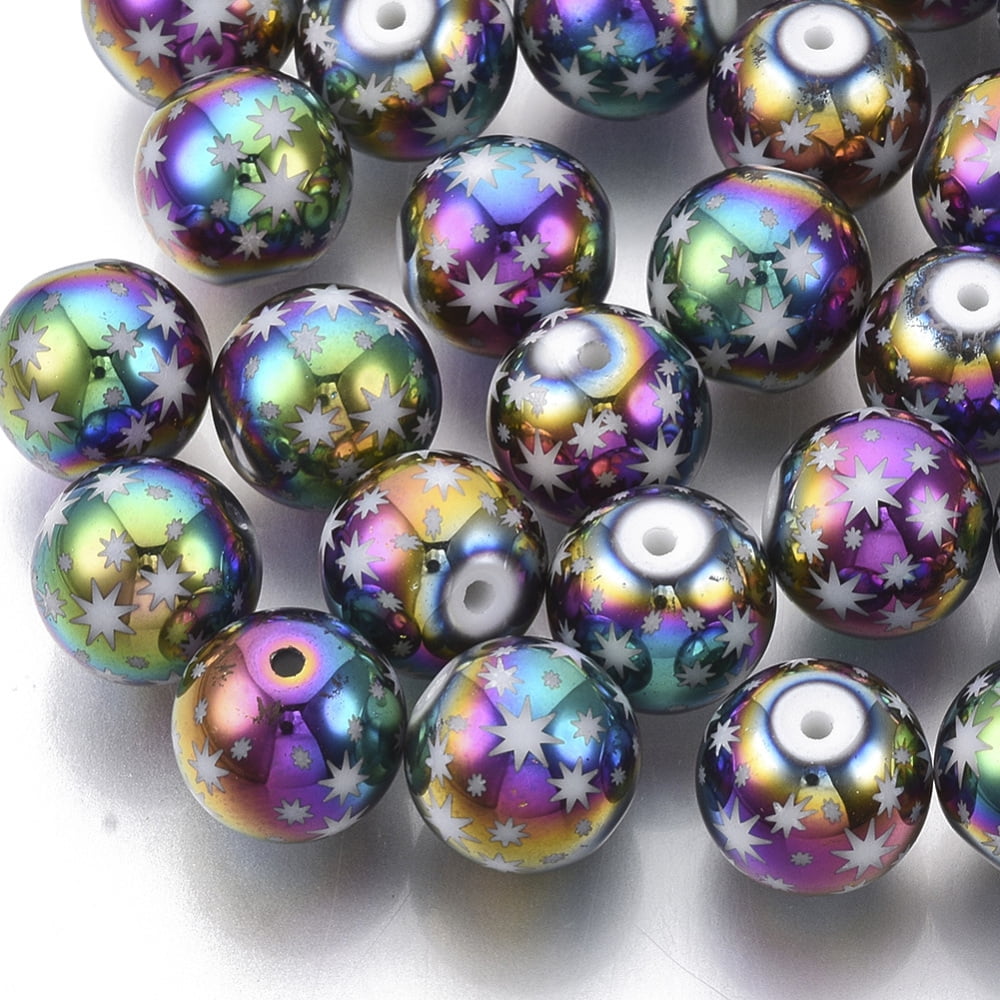 Christmas Electroplate Glass Beads Round with Star Pattern Multi-color ...