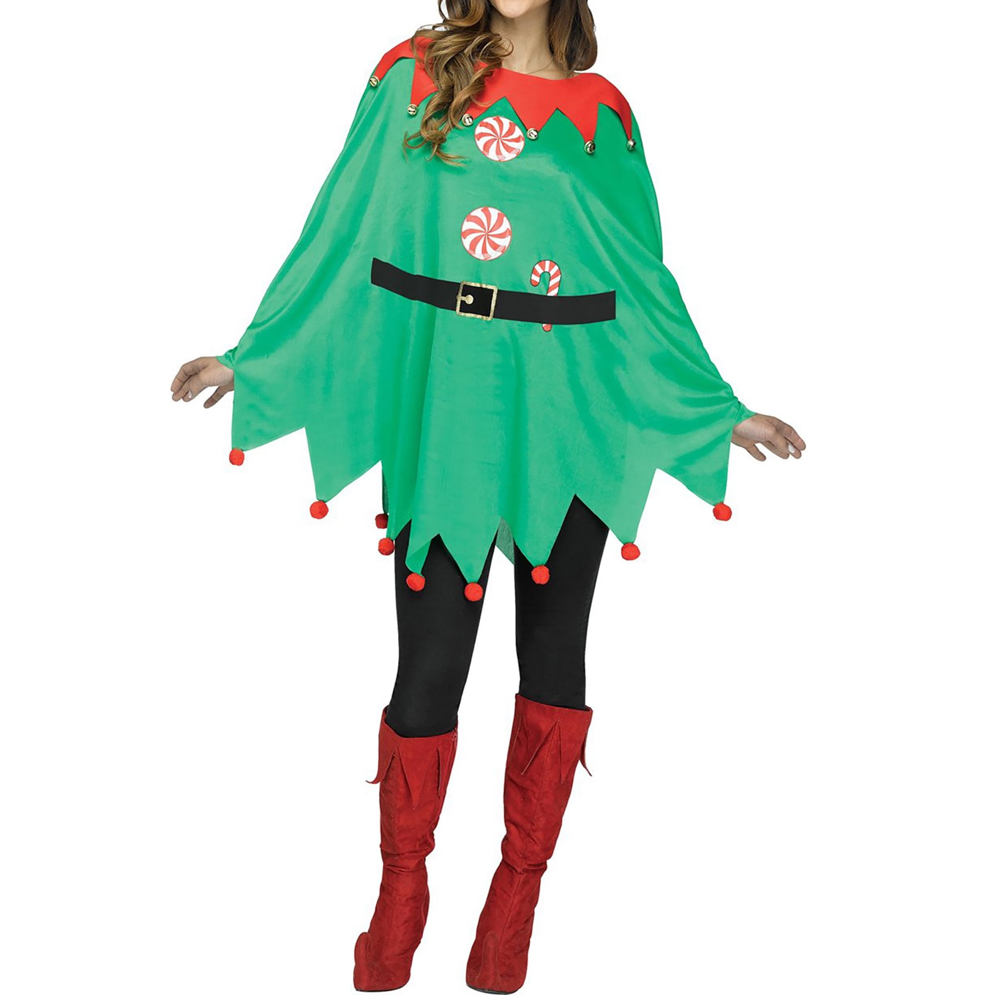 Christmas Elf Cape for Women Poncho Costume Cap Green Bow Ball Hooded ...