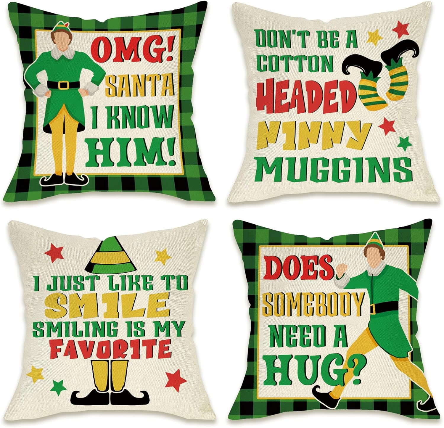 Christmas Elf Decorative Throw Pillow Covers 18 x 18 Set of 4, Funny ...