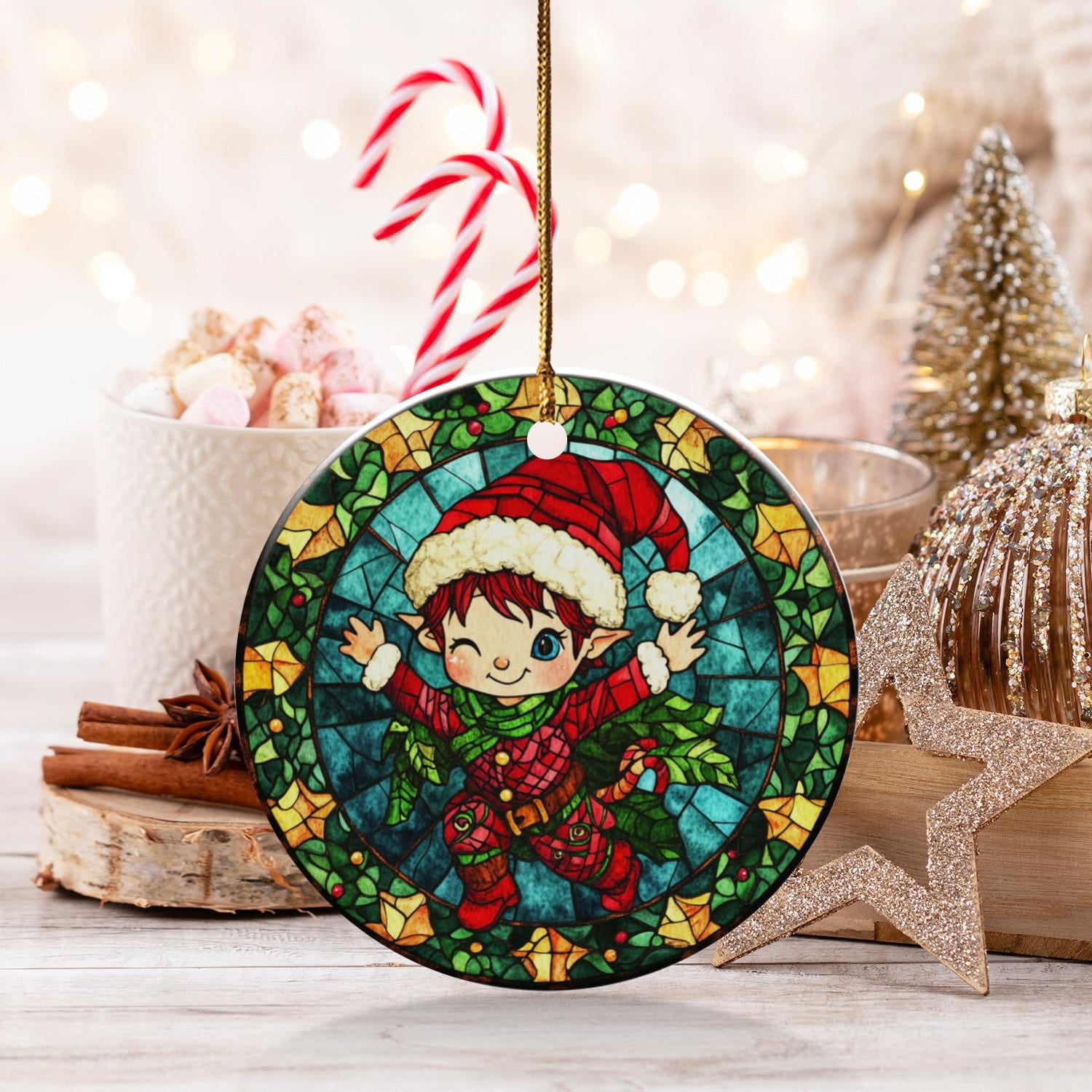 Christmas Elf Ornament, Holiday Gift, Cute Winking Elf, Round Ornament ...