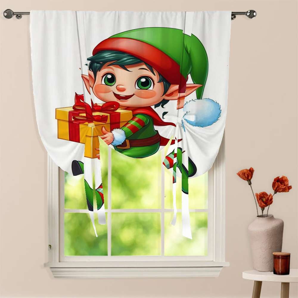 Christmas Elf With Gift Window Curtain for Living Room Roman Curtain ...