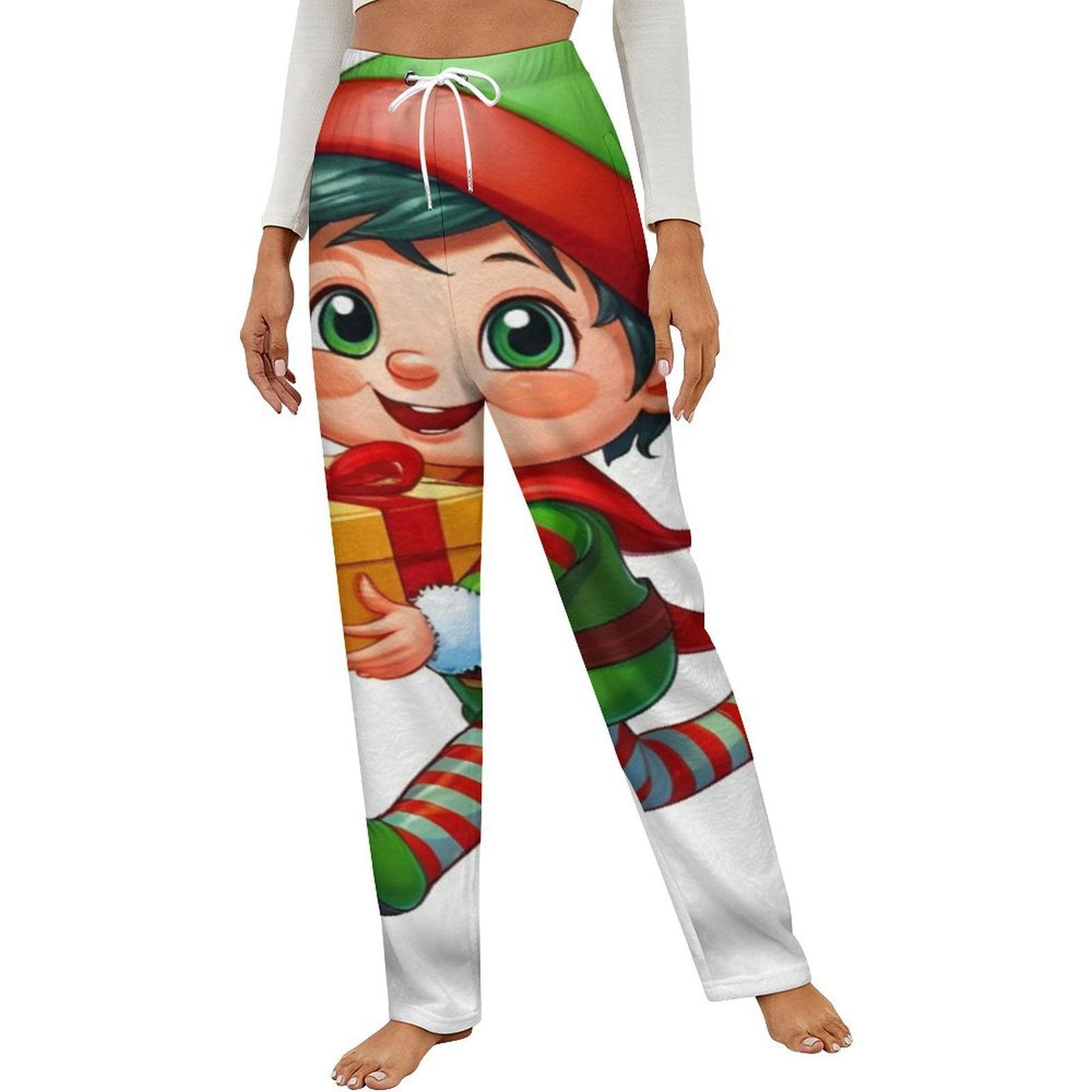 Christmas Elf With Gift Winter Female Pants Flannel High Waist Women ...