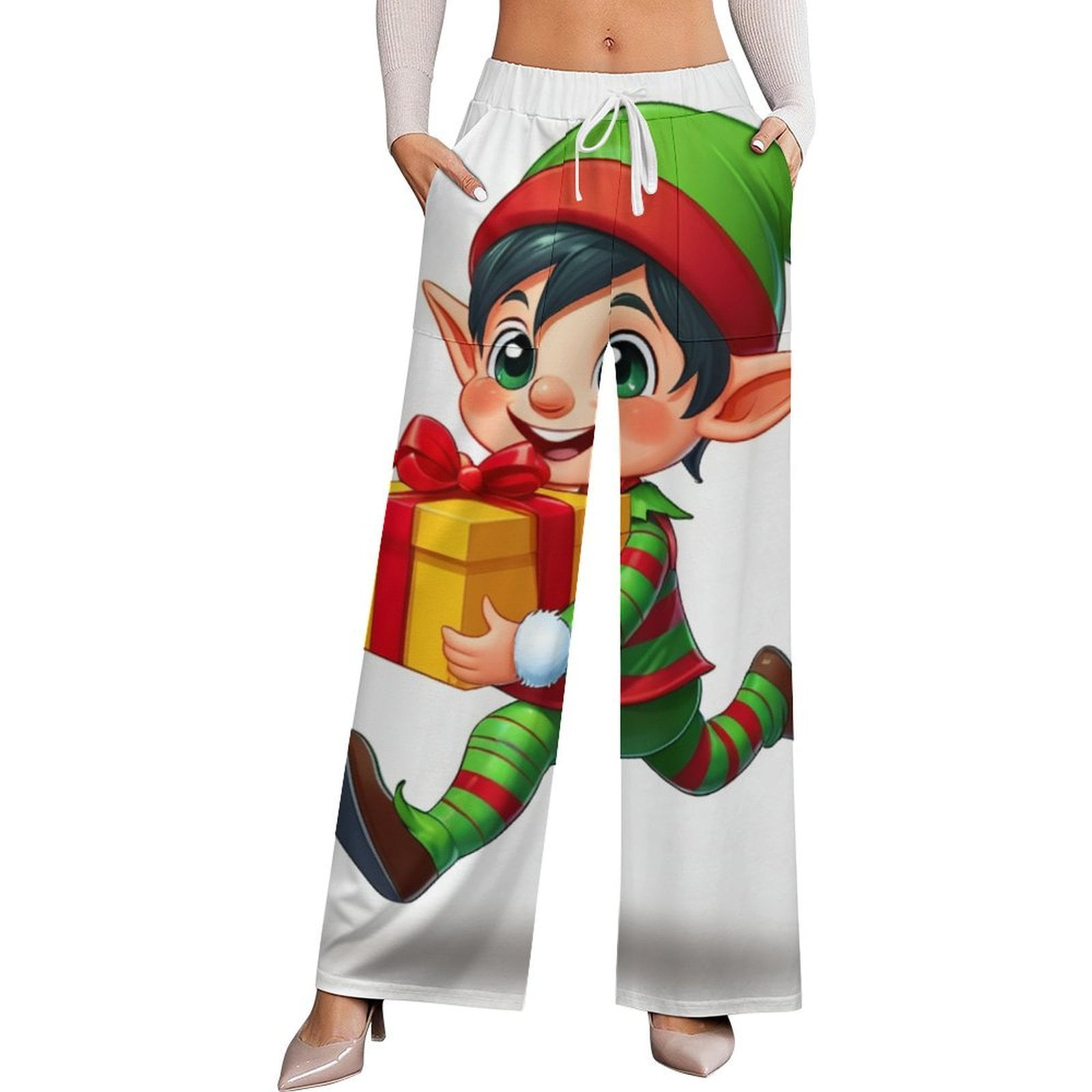 Christmas Elf with Gift Women's Casual Wide Leg Pants Comfort Pockets ...