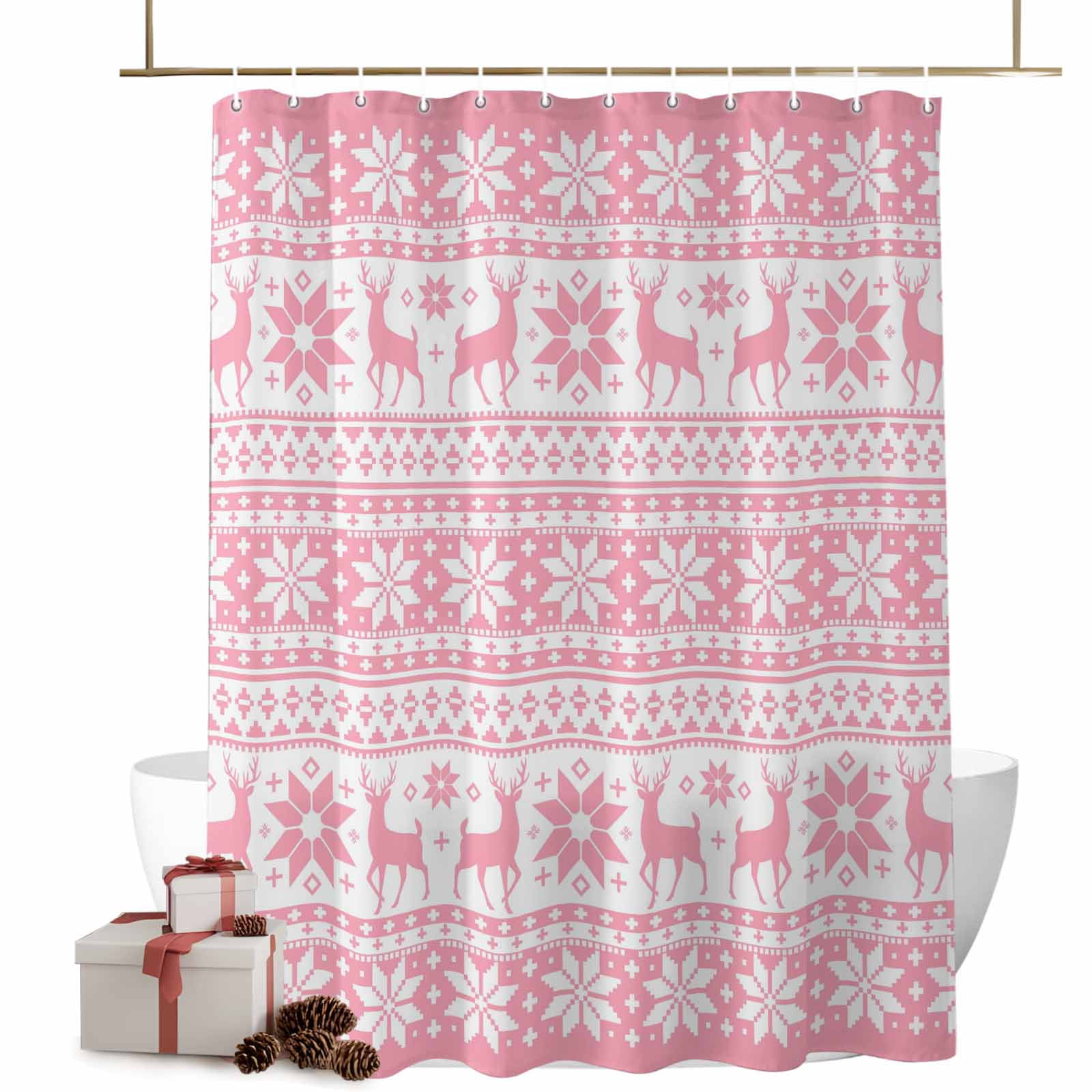 Christmas Elk Bathroom Shower Curtain Snowflakes Pink Retro Texture ...