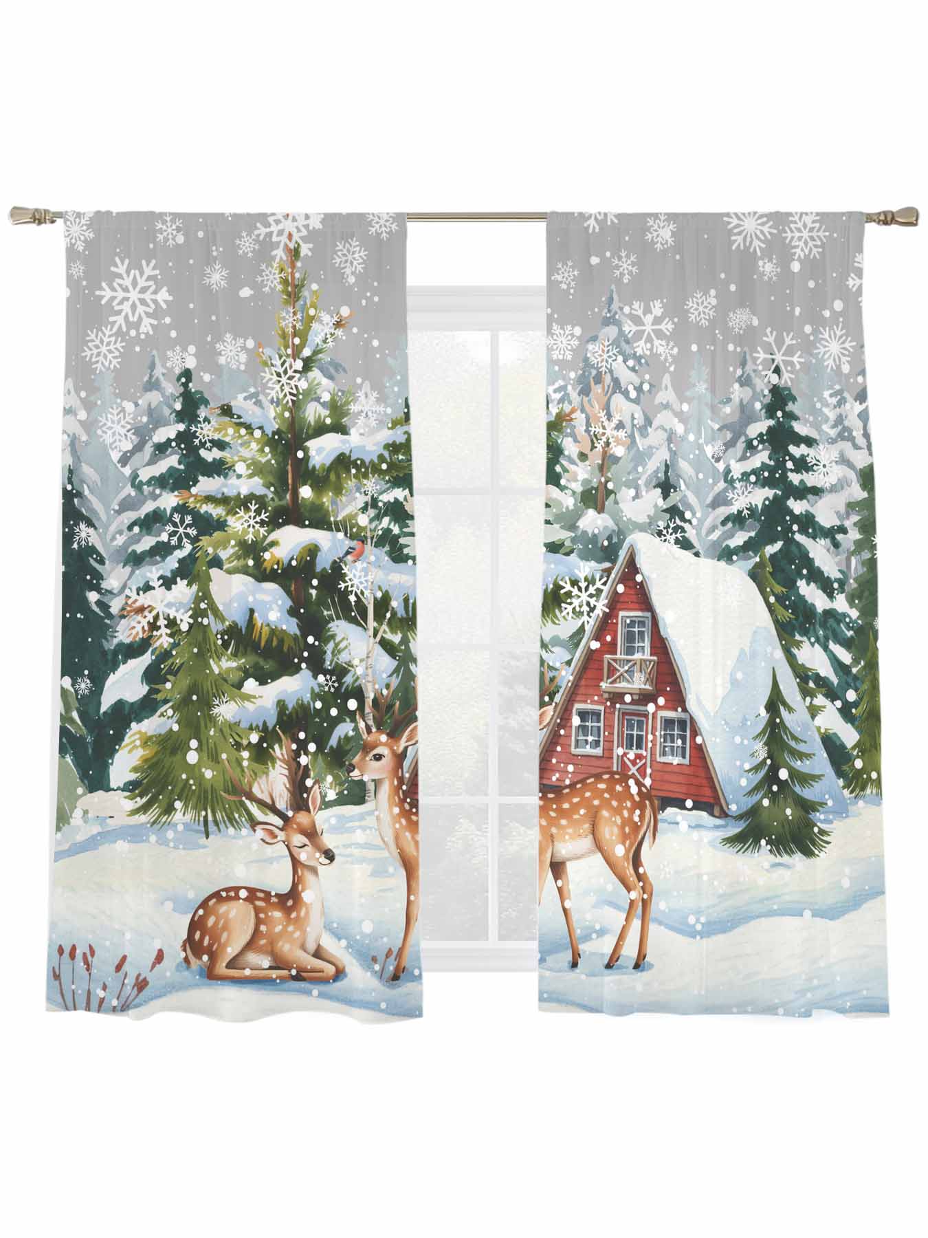 Christmas Elk Chalet Pine Tree Forest Grey Winter Snow Scene Sheer ...