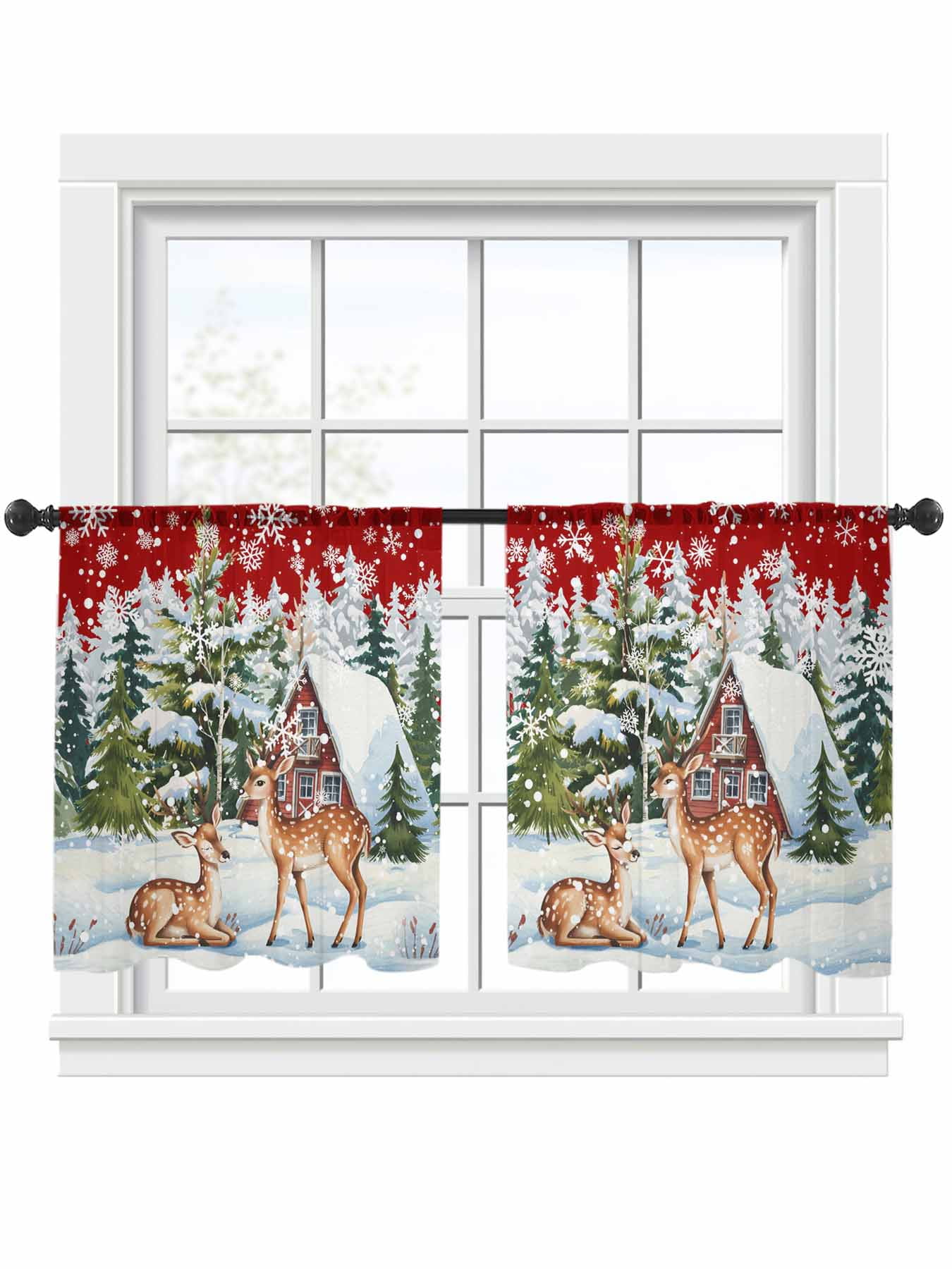 Christmas Elk Chalet Pine Tree Forest Red Winter Snow Scene Sheer ...