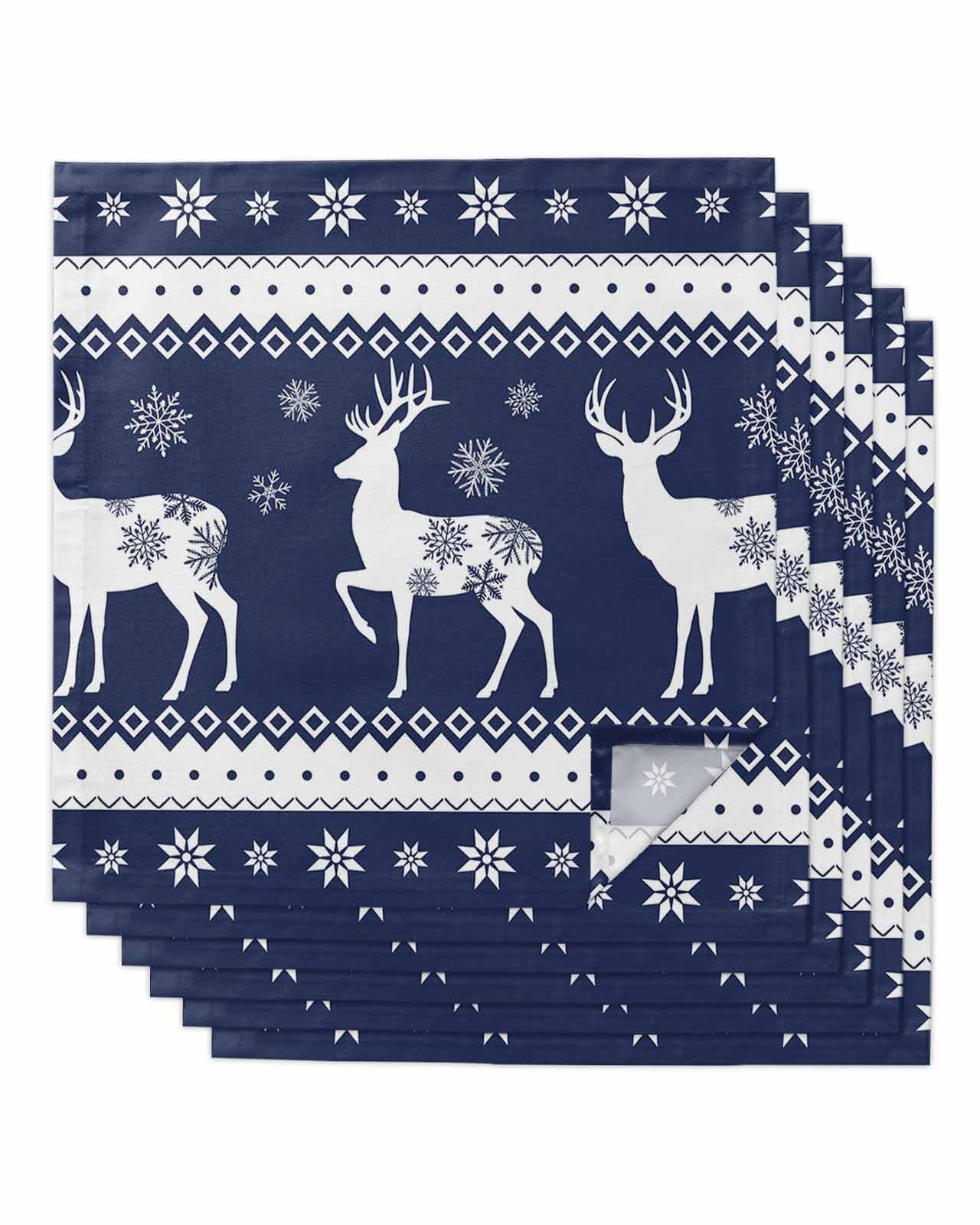 Christmas Elk Cloth Napkin Set of 6, Winter Deep Blue Snowflakes ...