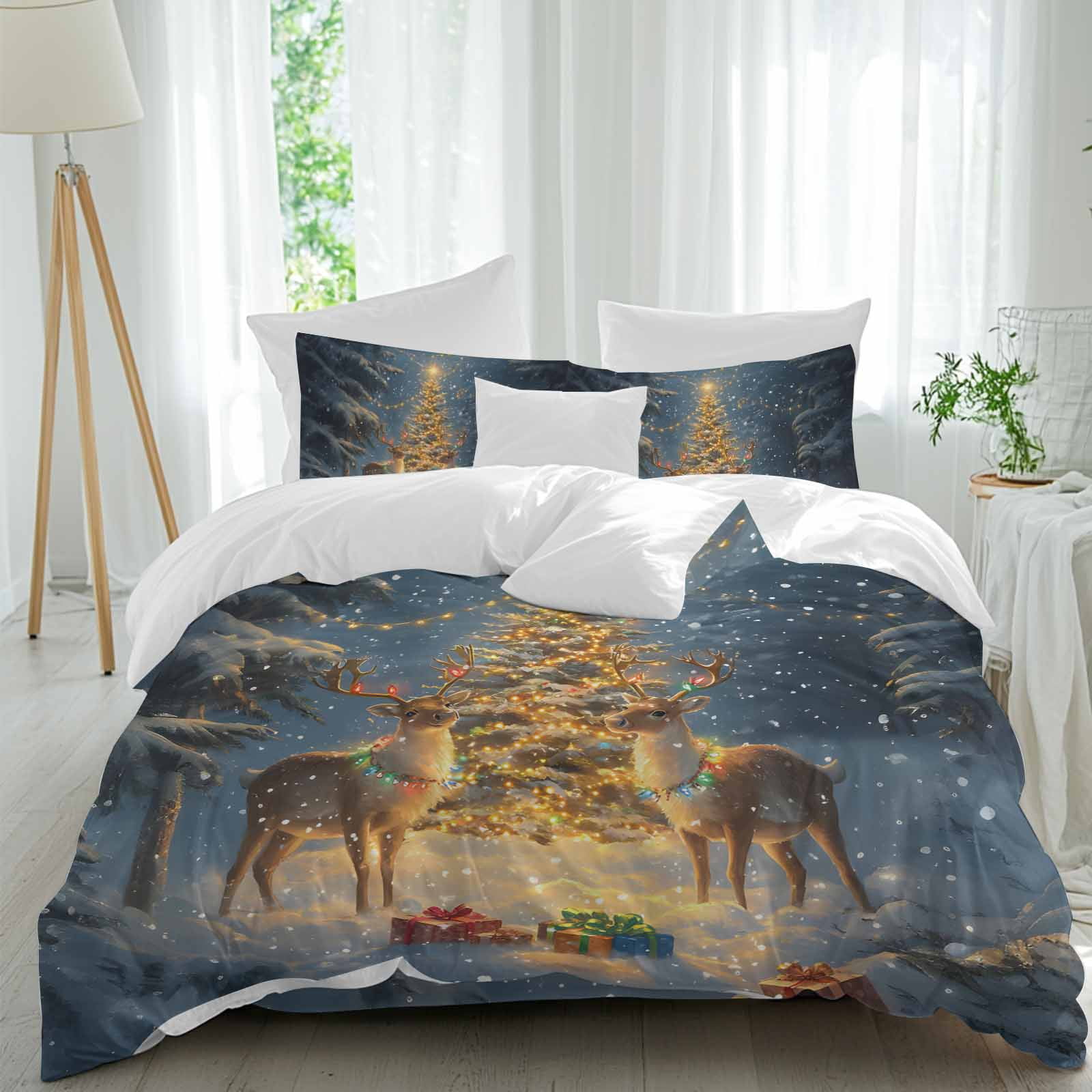 Christmas Elk Comforter Set Full Size, Gifts Snowflake Xmas Tree Forest ...