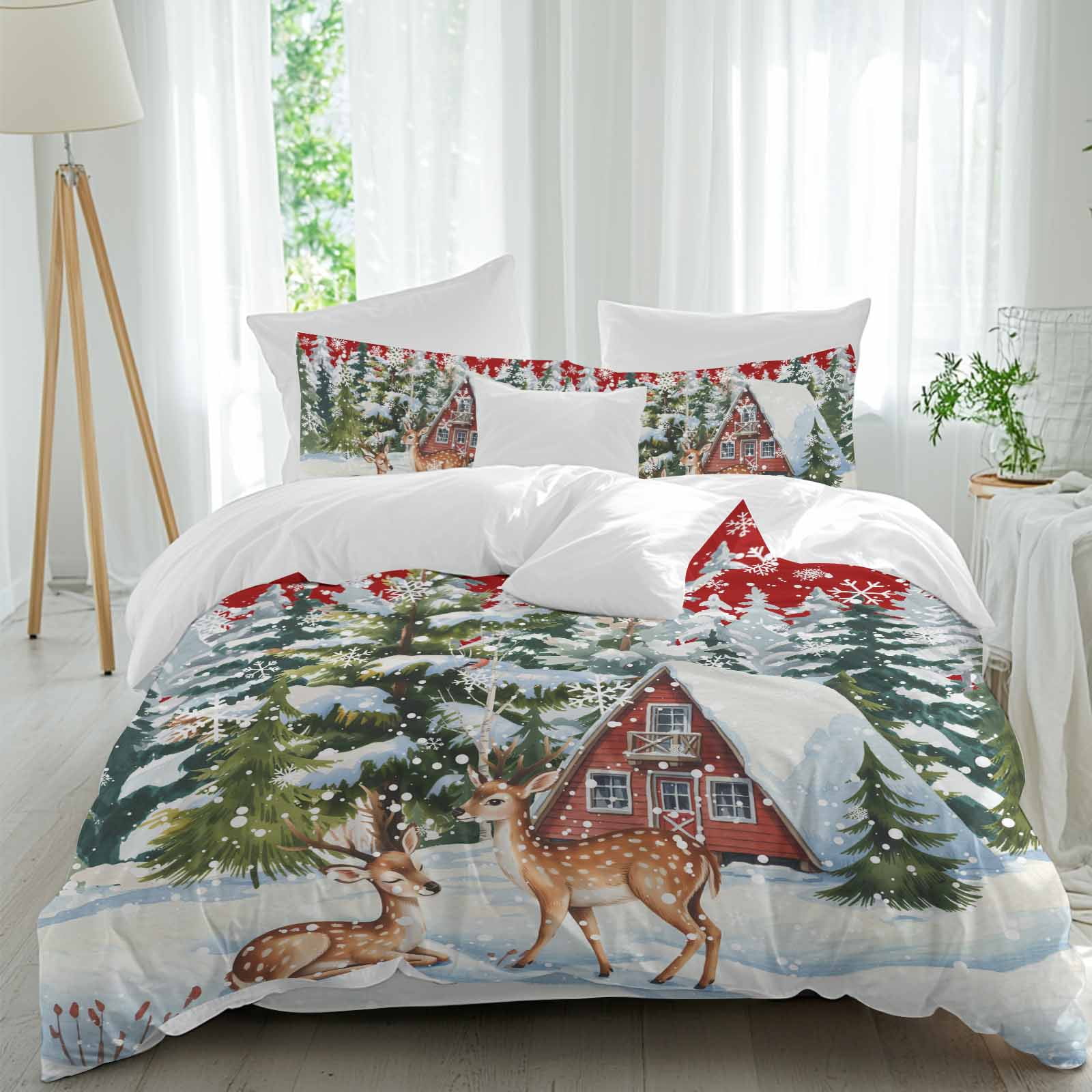 Christmas Elk Comforter Set Queen Size, Chalet Pine Tree Forest Red ...