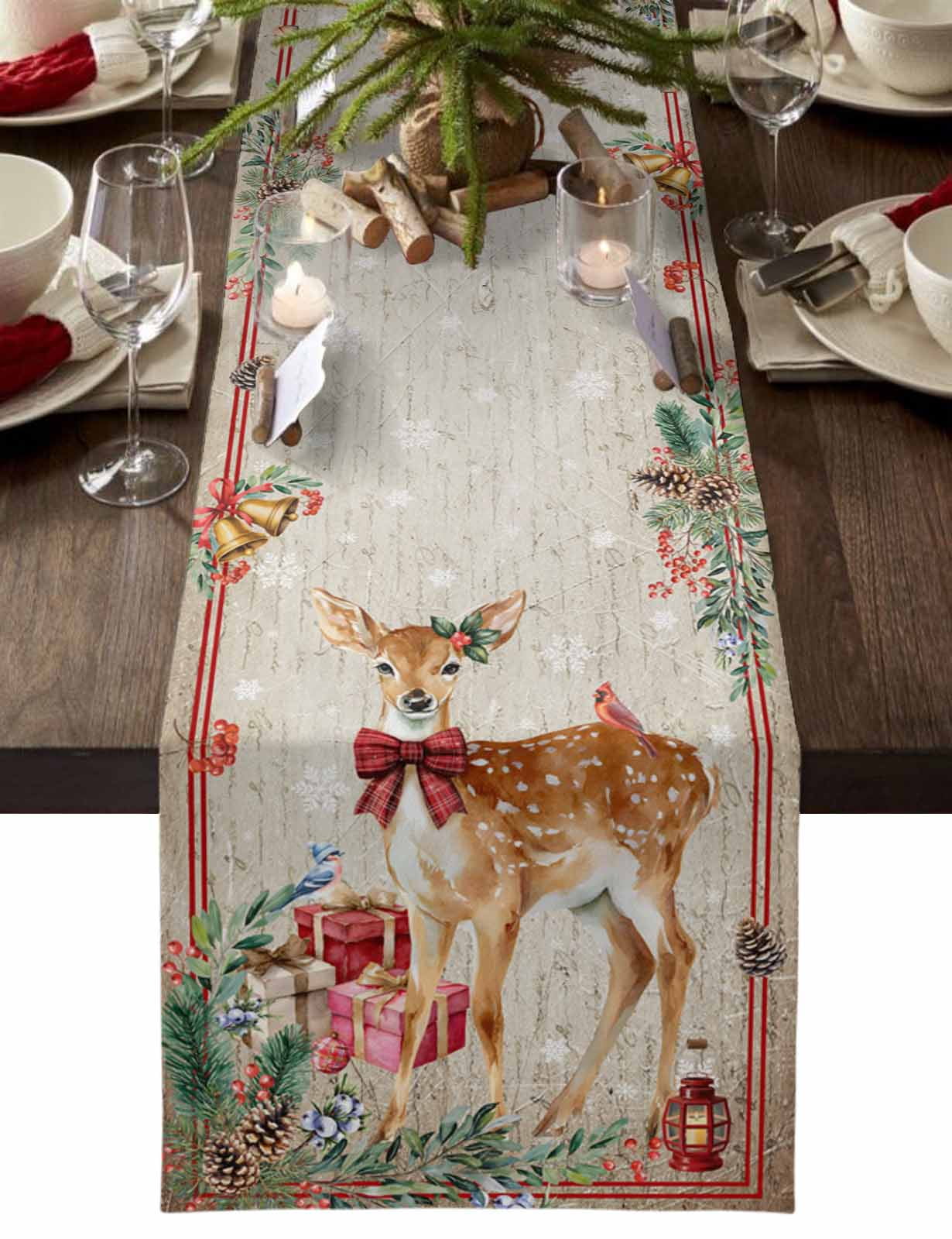 Christmas Elk Cotton Linen Table Runner for Dining Kitchen, Xmas Pine ...