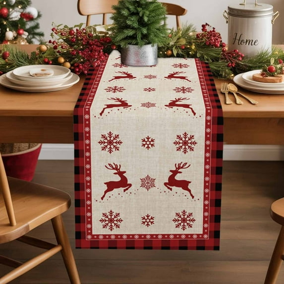 Christmas Elk Cotton Linen Table Runner Snowflake Red Black Buffalo ...
