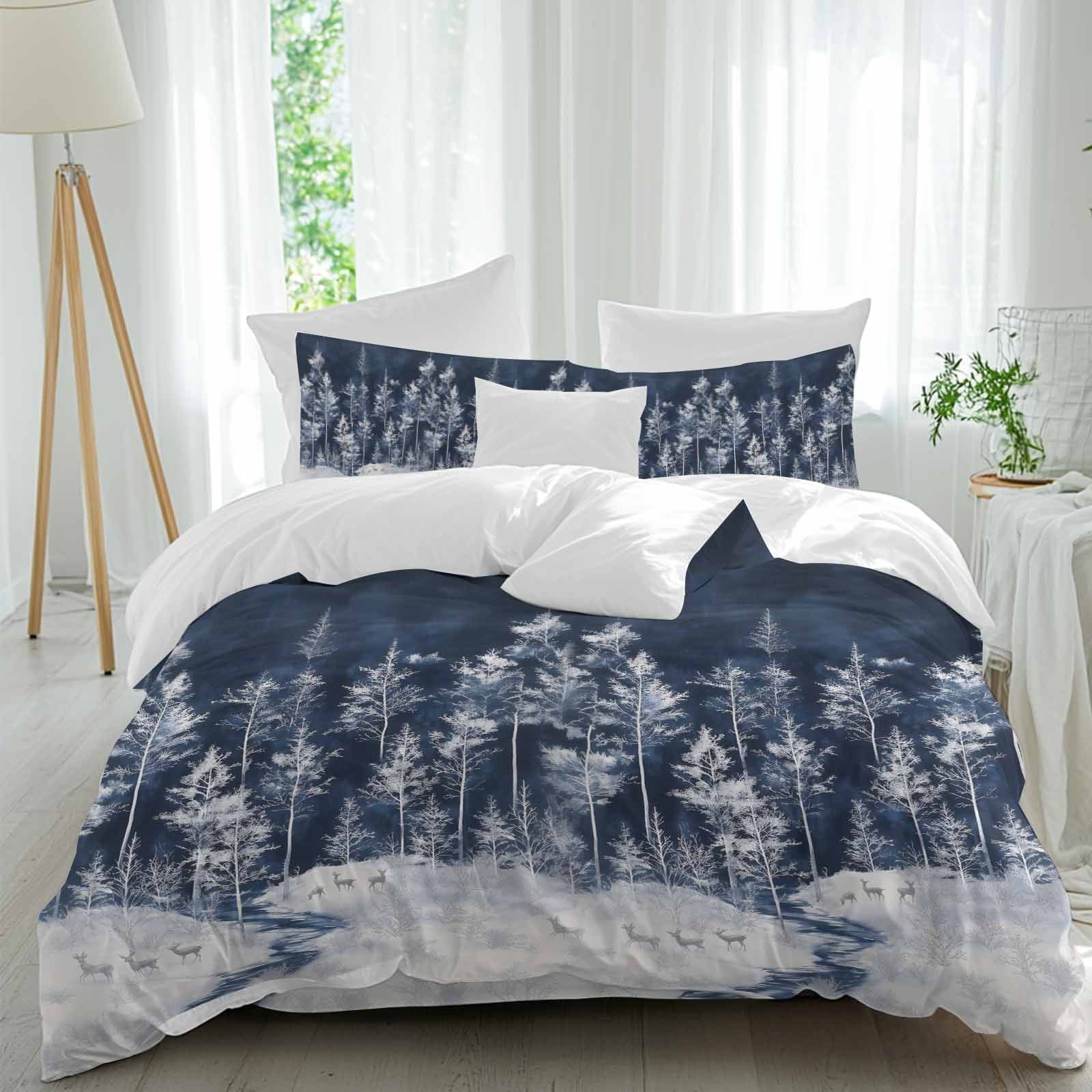 Christmas Elk Duvet Cover Set Queen Size, Pine Trees Snow Winter Deep ...