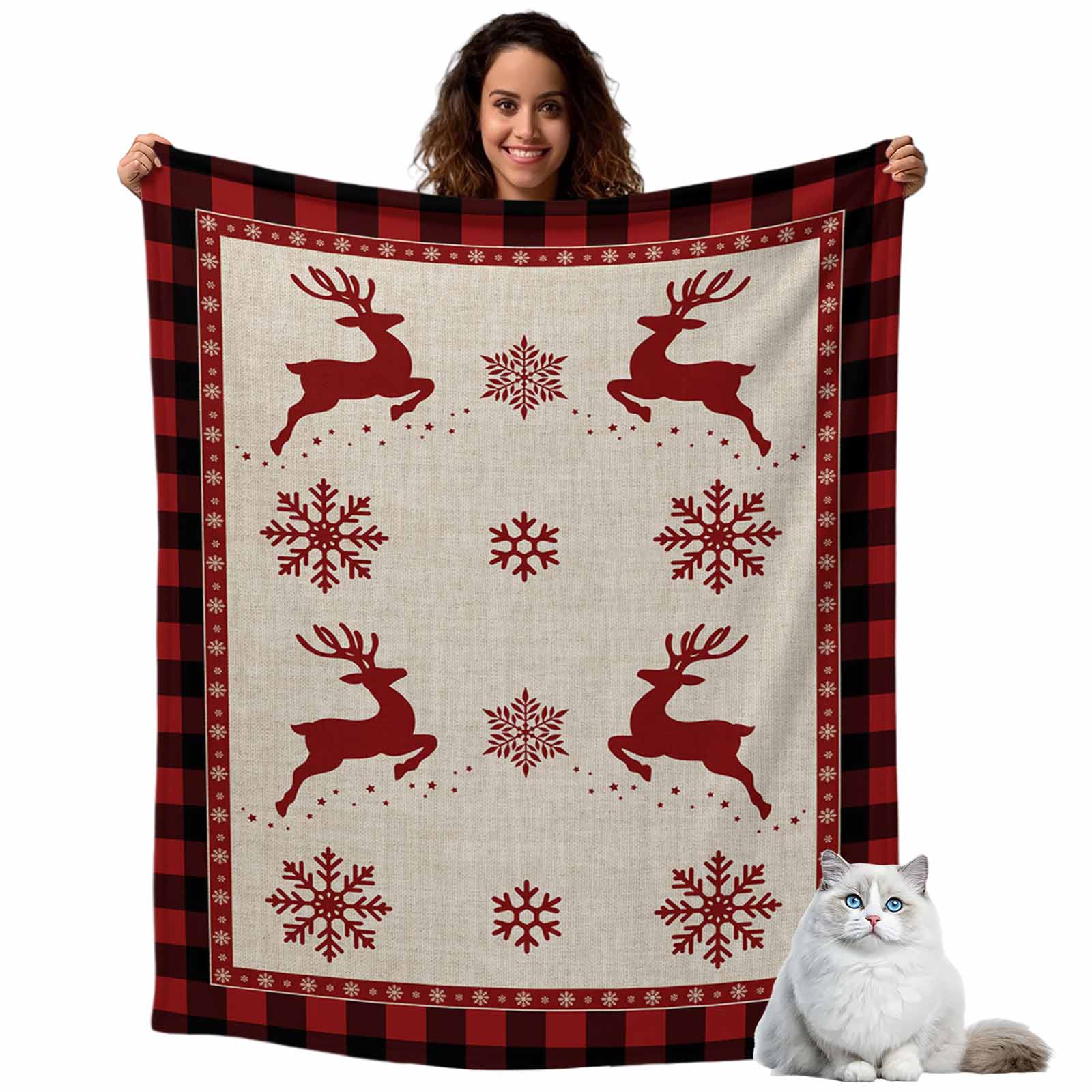 Christmas Elk Fleece Throw Blanket Lightweight Snowflake Red Black ...