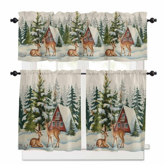 Christmas Elk Kitchen Curtains Valances and Tiers Set of 3 Chalet Pine ...