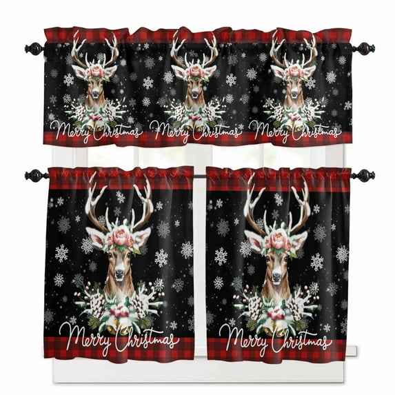 Christmas Elk Kitchen Curtains Valances and Tiers Set of 3 Retro Xmas ...