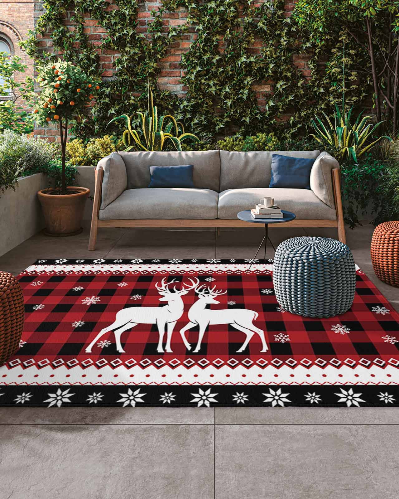 Christmas Elk Outdoor Rug, Winter Red Black Plaid Snowflakes Vintage ...