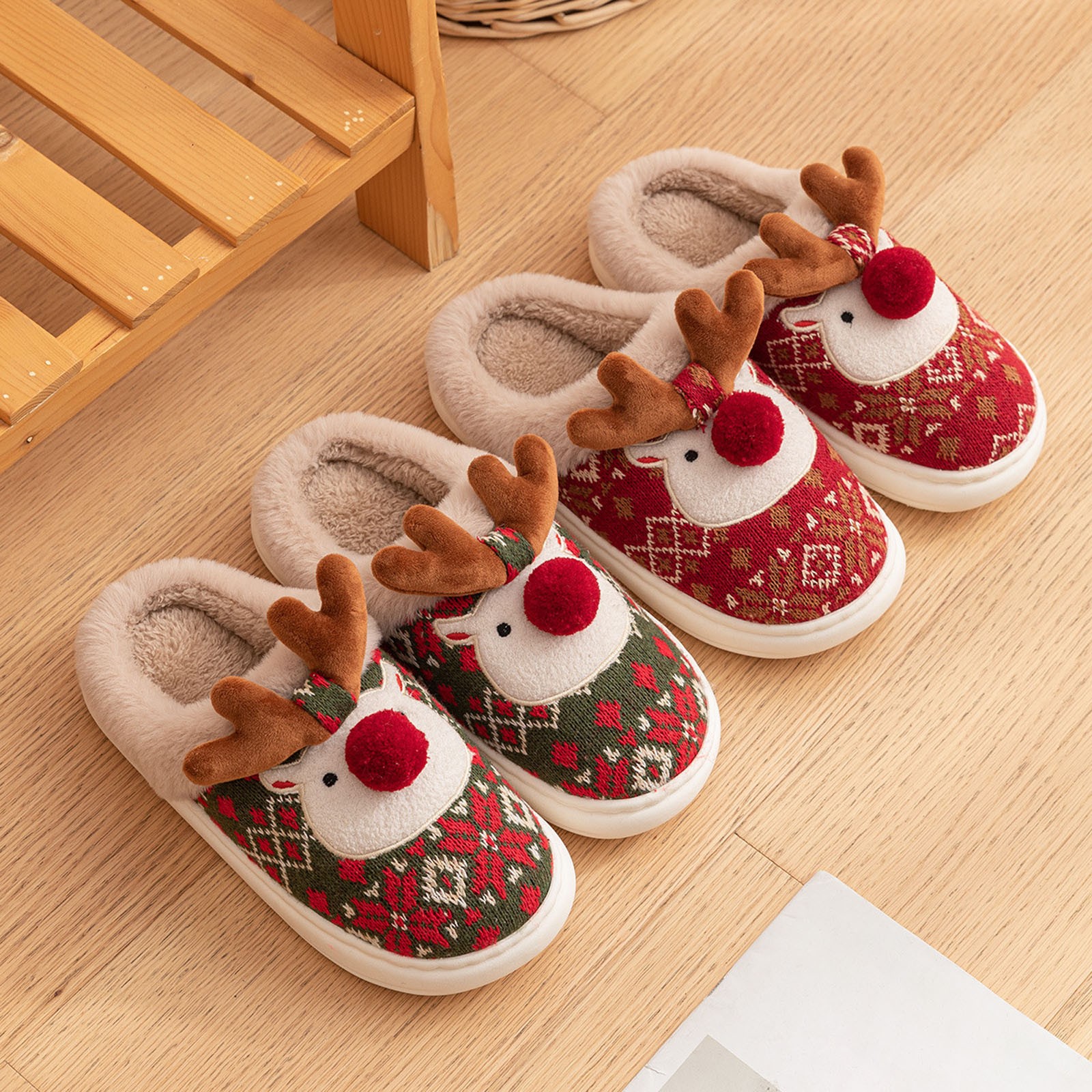 Christmas Elk Plush Slippers Women Men, 3D Winter Reindeer House Slides ...