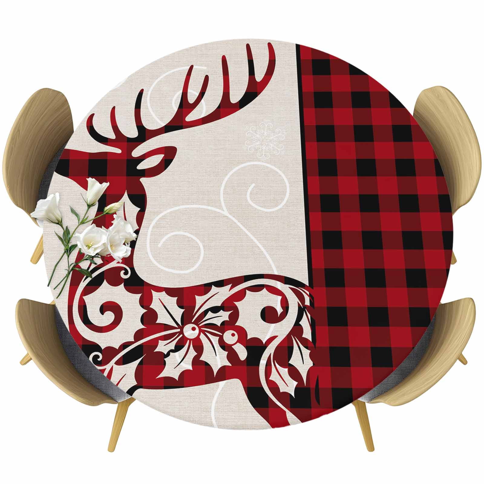 Christmas Elk Round Tablecloth, Fitted Table Cover with Elastic for 45 ...