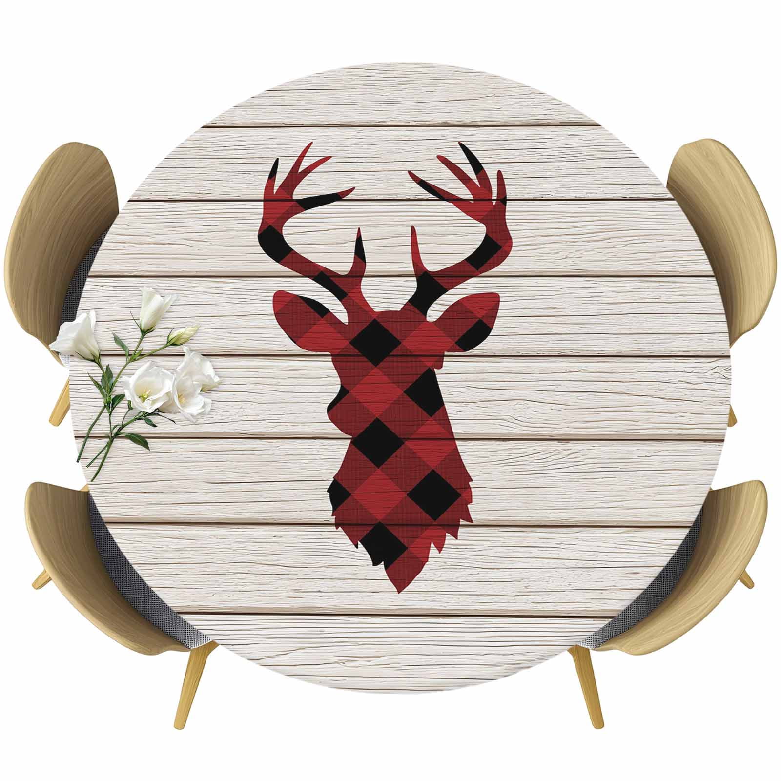 Christmas Elk Round Tablecloth, Fitted Table Cover with Elastic for 45 ...