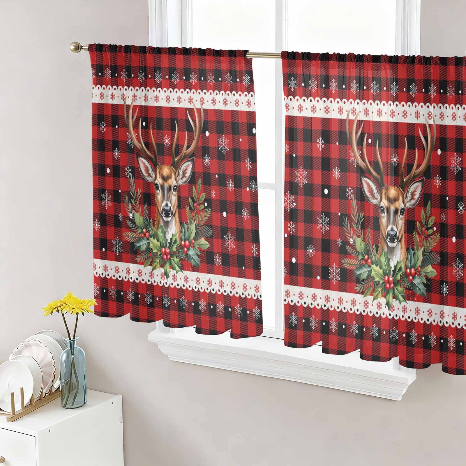 Christmas Elk Sheer Curtains 45 Inch Length 2 Panels Set, Red Black ...