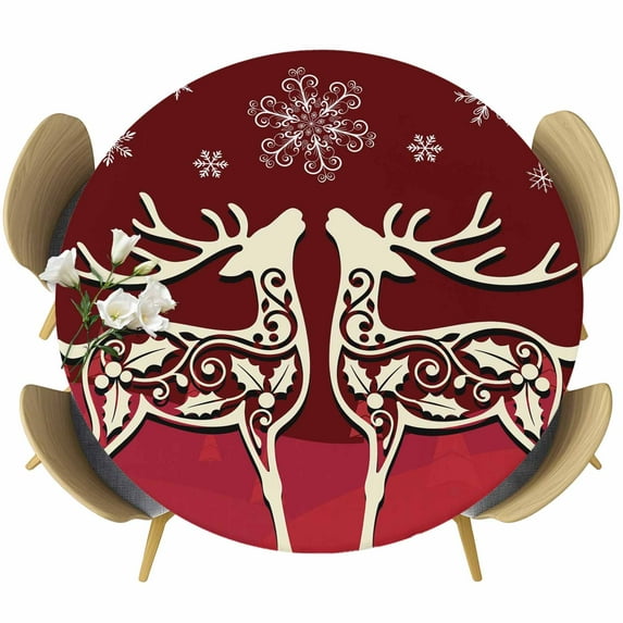 Christmas Elk Table Cloth, Round Fitted Tablecloths with Elastic Edge ...