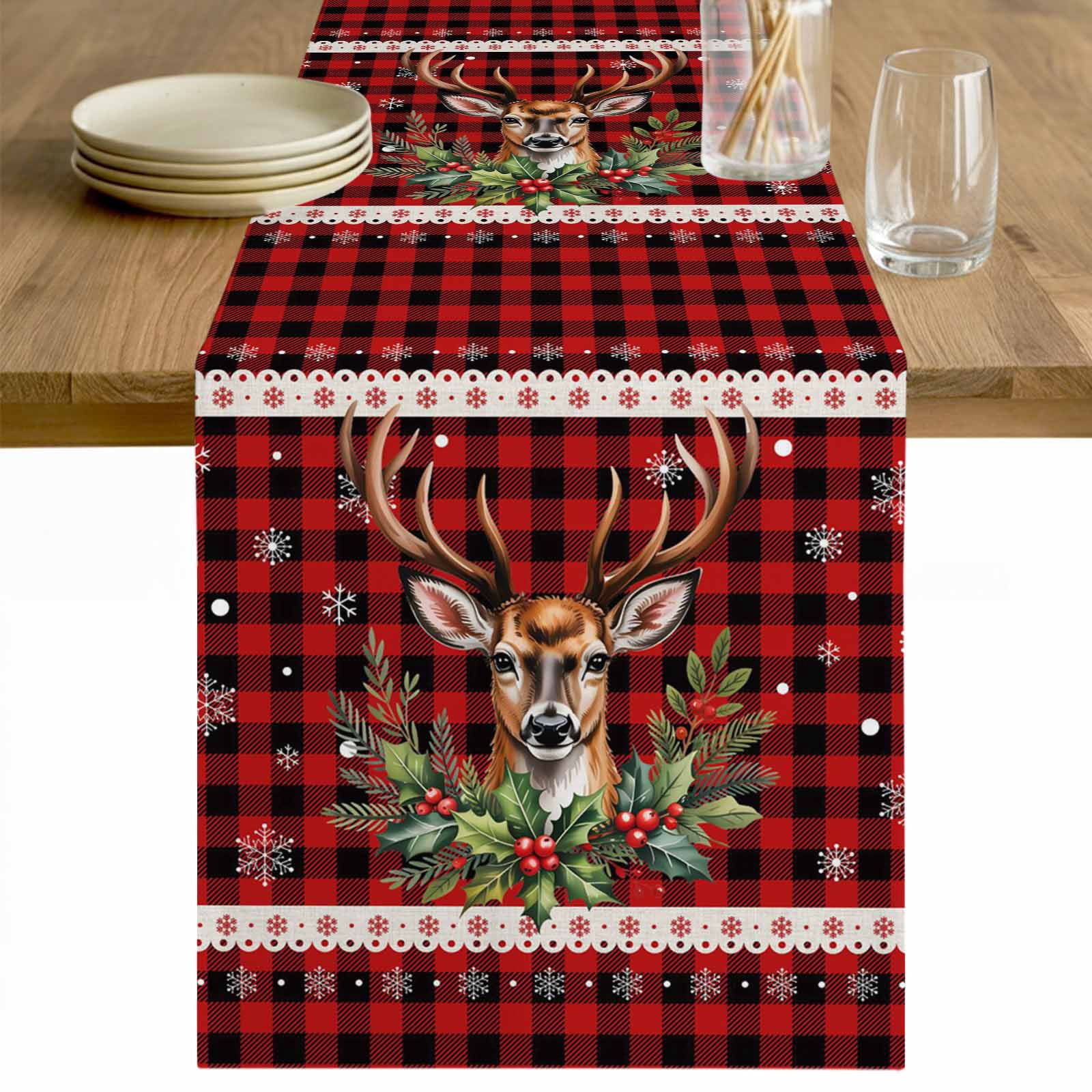Christmas Elk Table Runner - 108 Inch Long Red Black Checkered ...