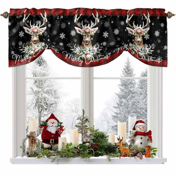 Christmas Elk Tie Up Valances Curtain, Retro Xmas Deer Floral ...
