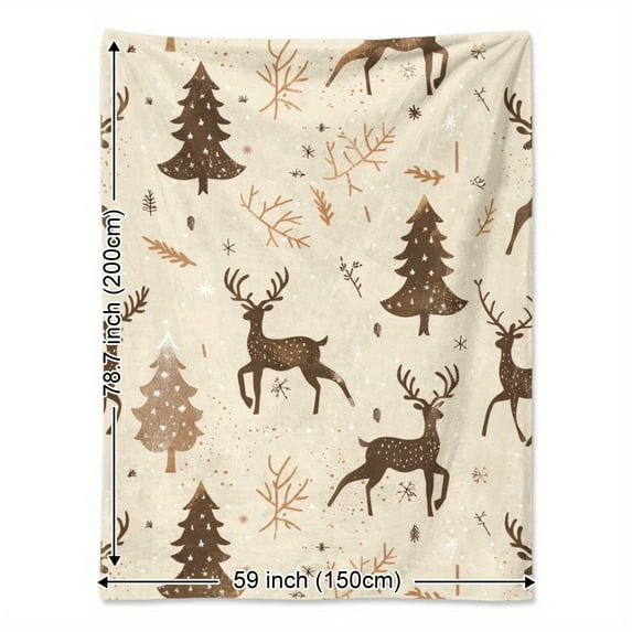 Christmas Elk & Trees Flannel Throw Blanket - Cozy Polyester Knitted ...