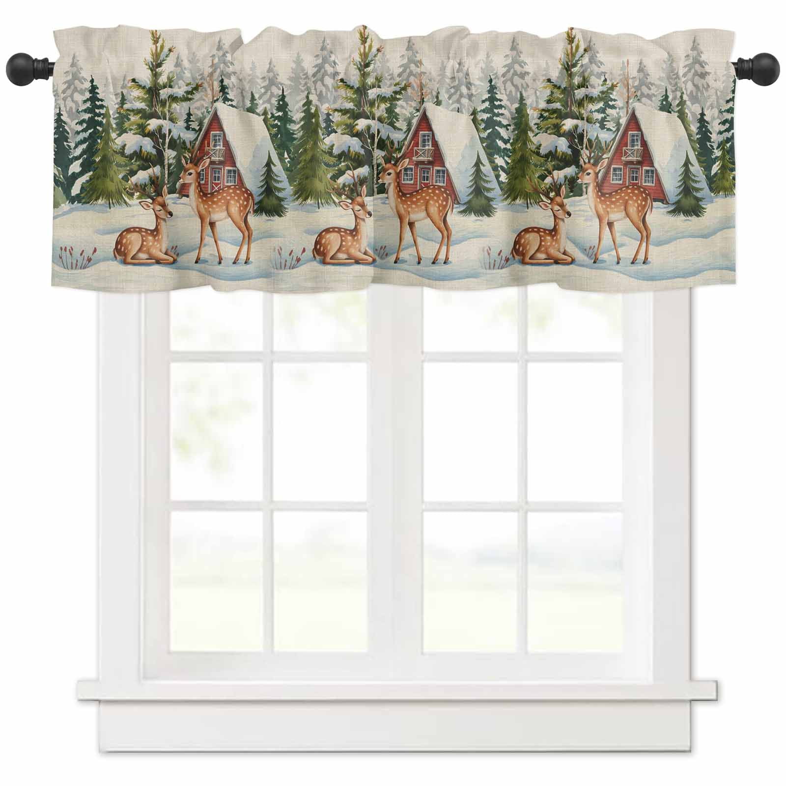 Christmas Elk Valances for Windows, Chalet Pine Tree Forest Winter Snow ...