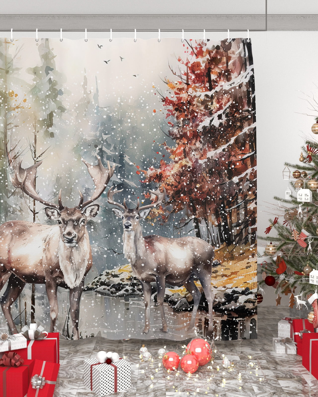 Christmas Elk, Waterproof Fabric Shower Curtain, Forest Winter Snowy ...