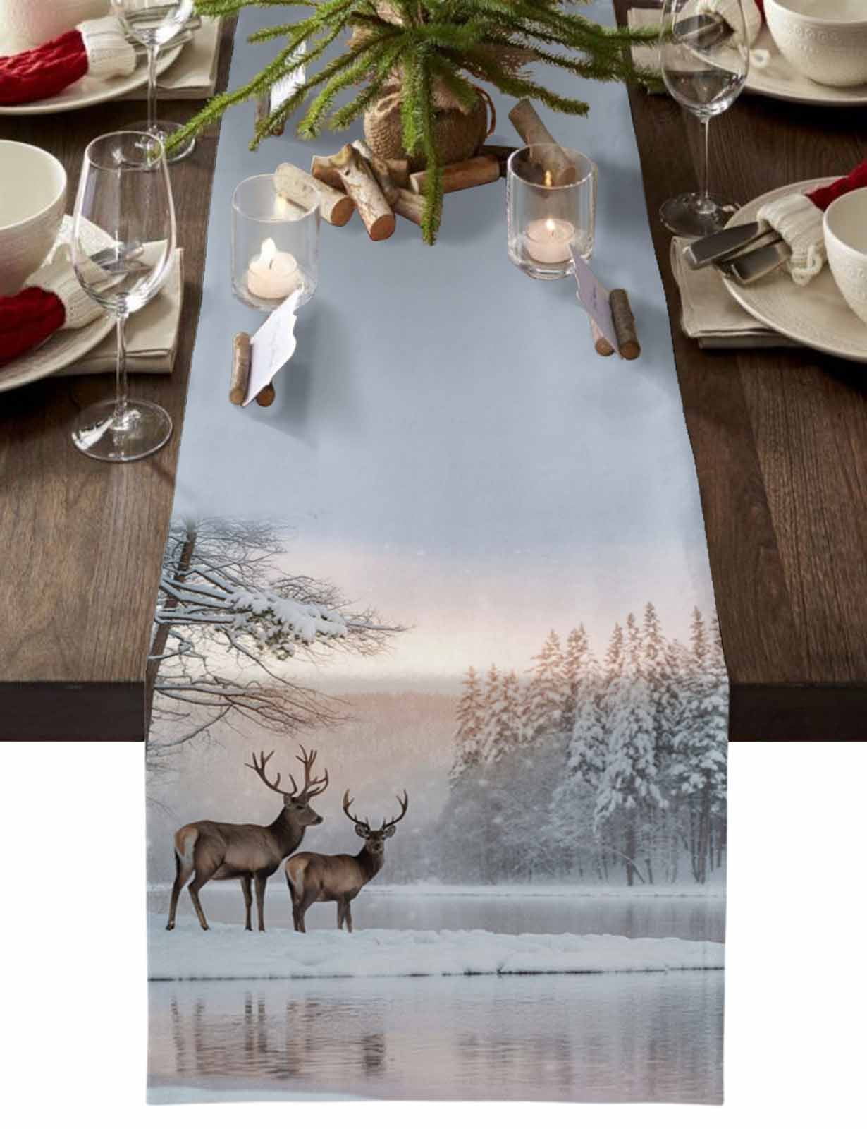 Christmas Elks Cotton Linen Table Runner for Dining Kitchen, Winter ...