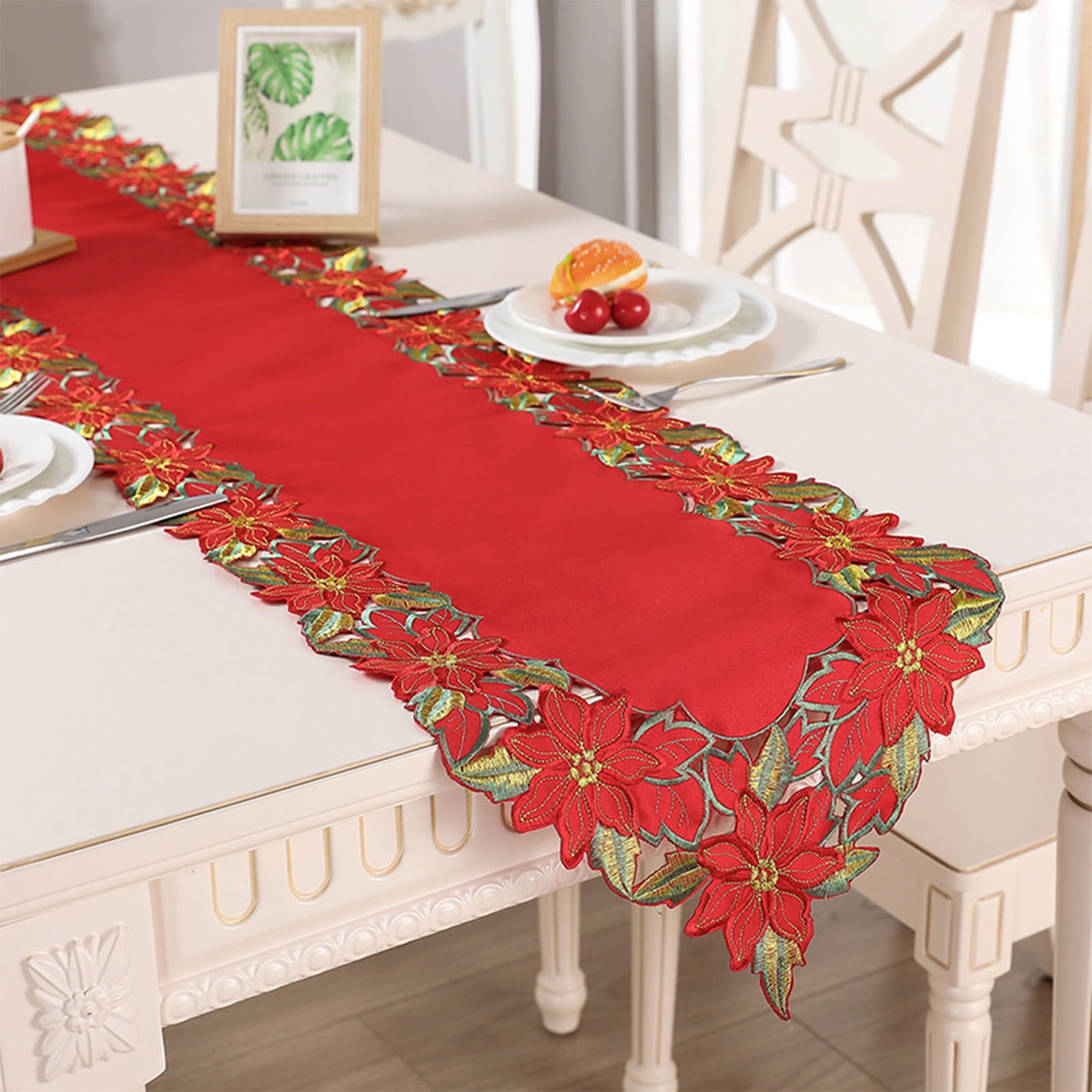 Christmas Embroidered Red Table Runner 15x69 inch Poinsettia Cutwork ...