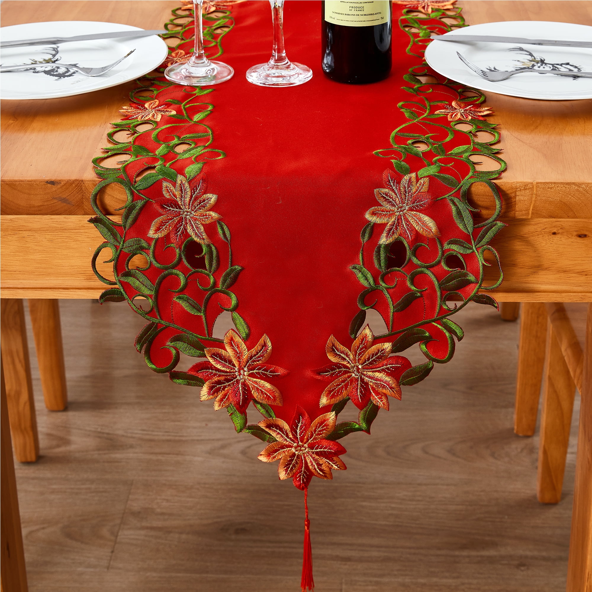 AMARED Christmas Embroidered Table YPF5 Runners Cutwork Green Leaves ...