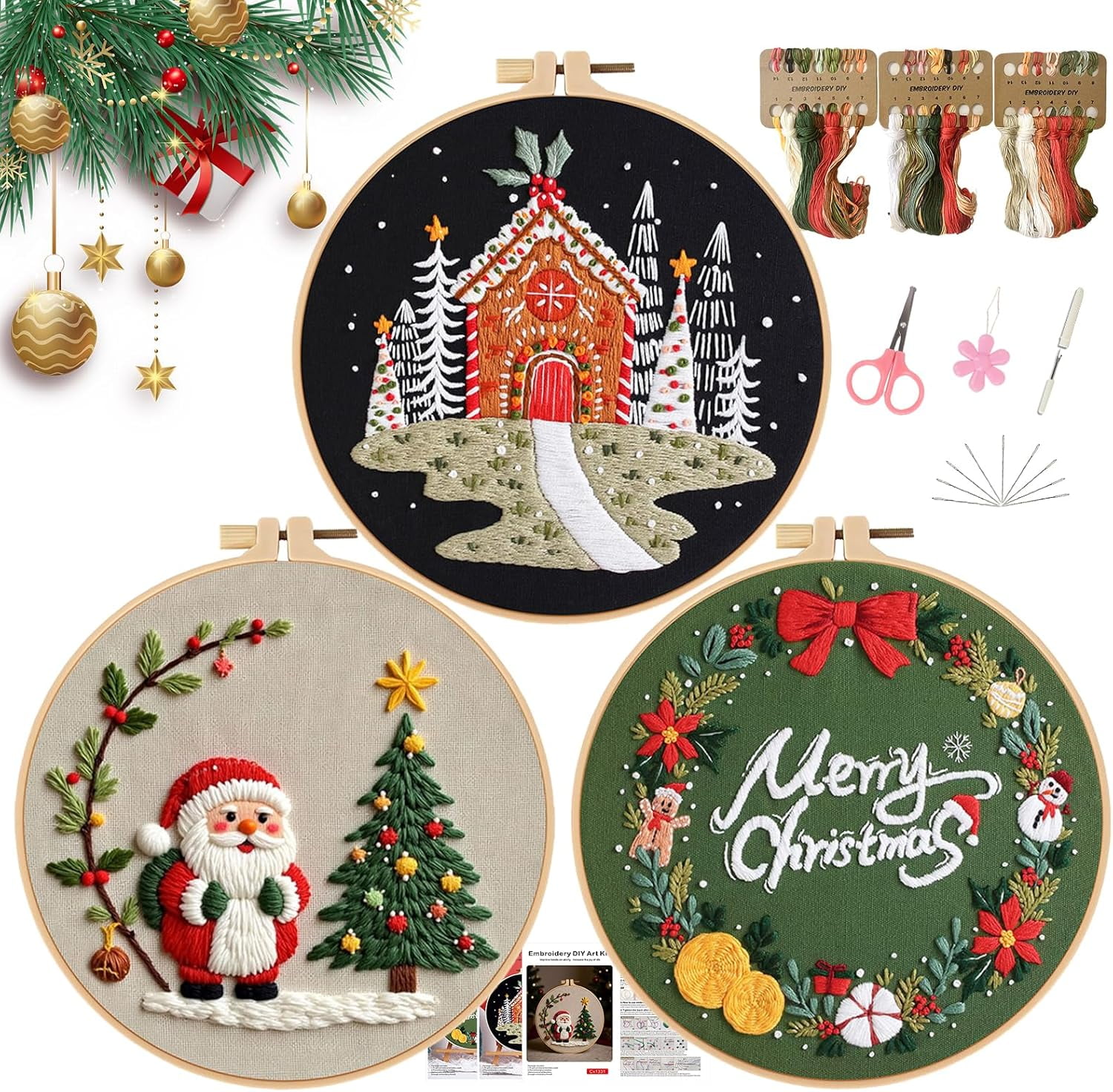 Christmas Embroidery Kit, 3 Set Beginner Embroidery Kit for Starter ...
