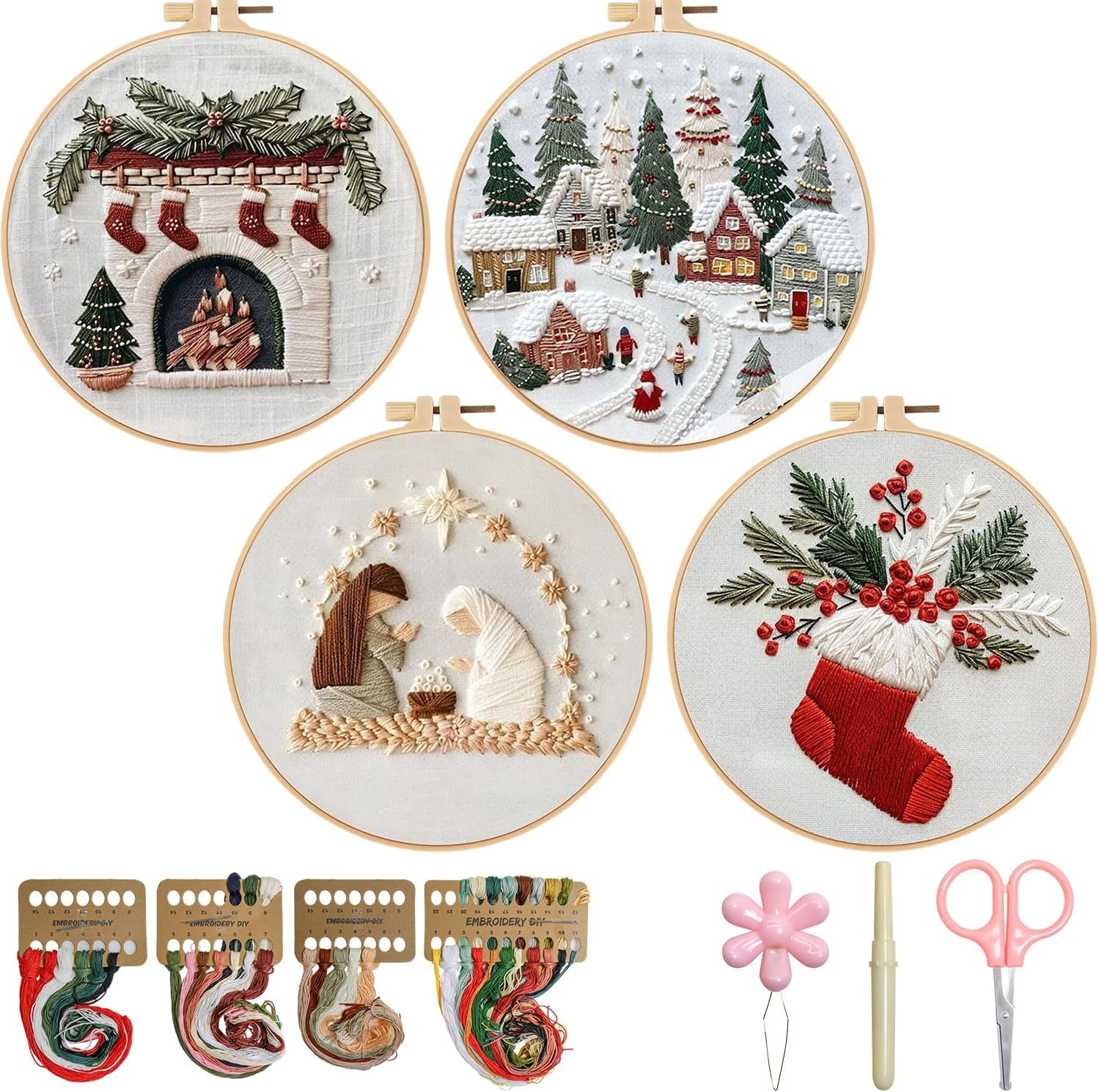 Christmas Embroidery Kit, 4 Pack Cross Stitch Kits,DIY Embroidery ...